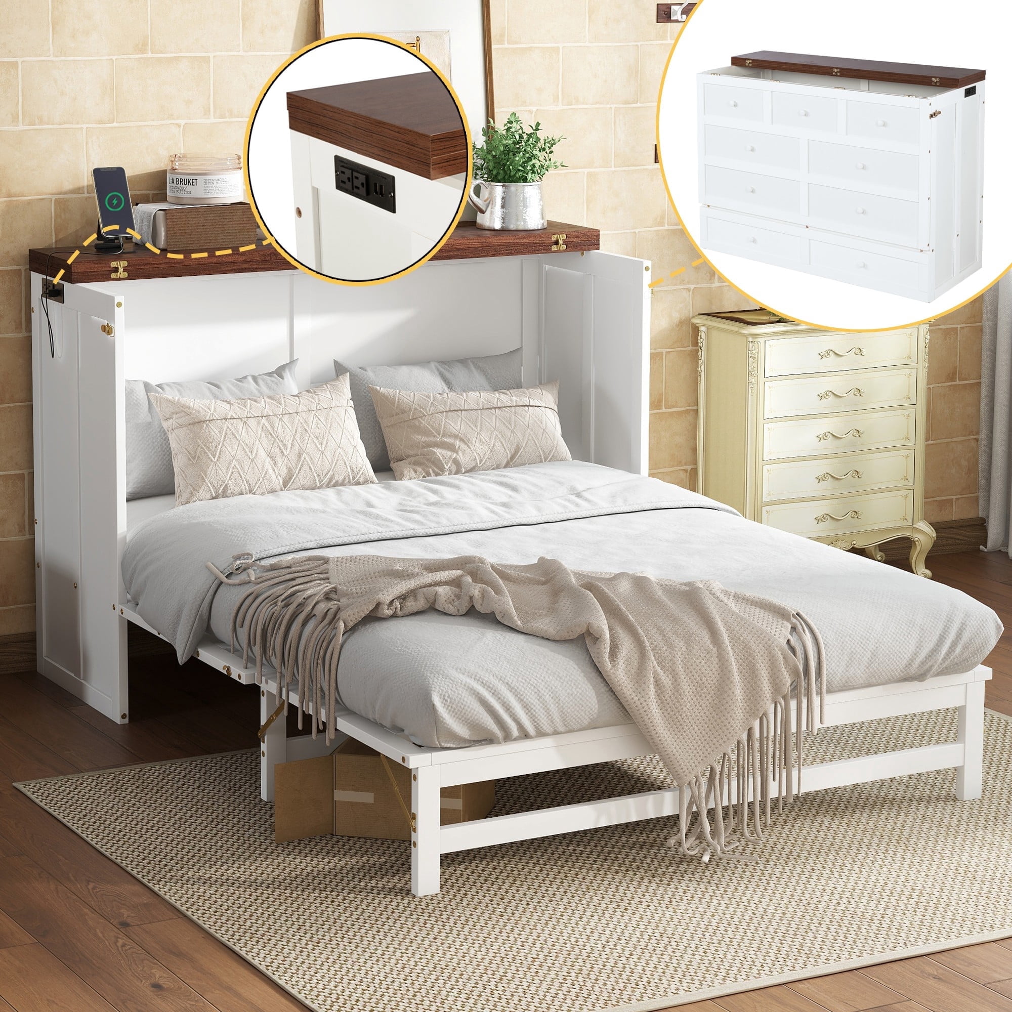 Murphy Bed Cabinet Full with Storage Drawer and Charging Station, USB ...