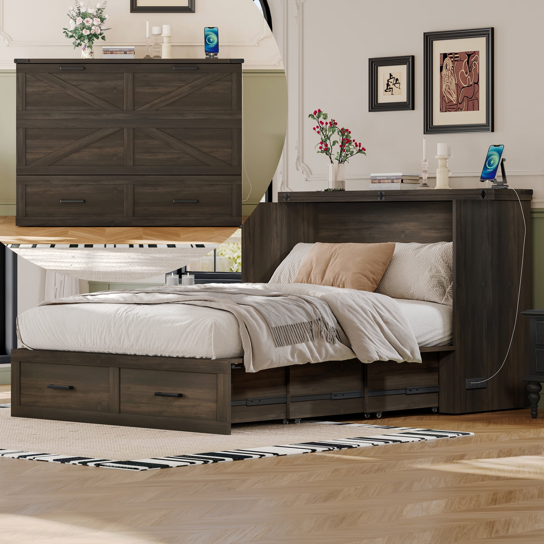 Murphy Bed with Charging Station, Full Size Foldable Cabinet Bed with ...