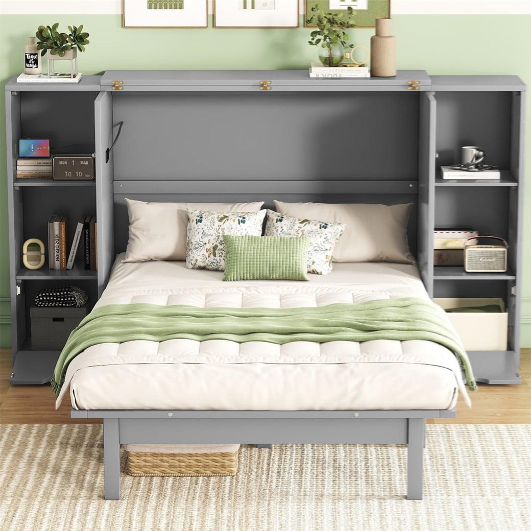 Murphy Bed, Queen Bed Frame with Shelves, Drawers and USB Ports, Multi ...