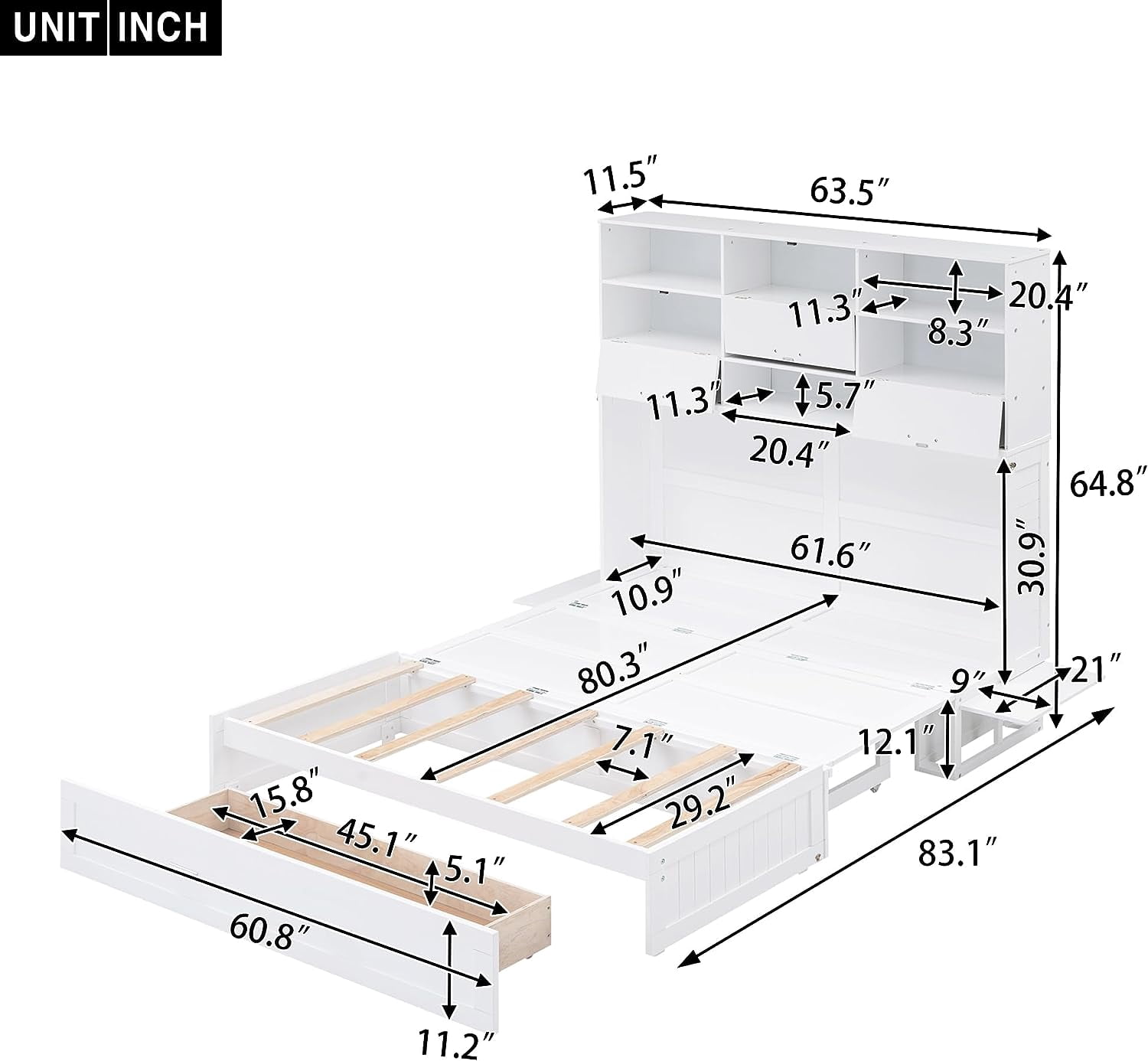 Murphy Bed with Bookcase and Charging Station - Solid Wood Foldable ...