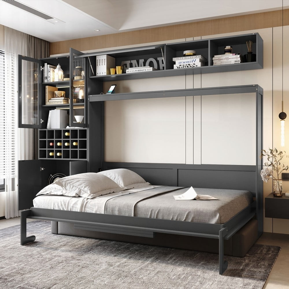 Full Size Plywood Murphy Bed with Sofa, Shelves USB & Light, Gray ...