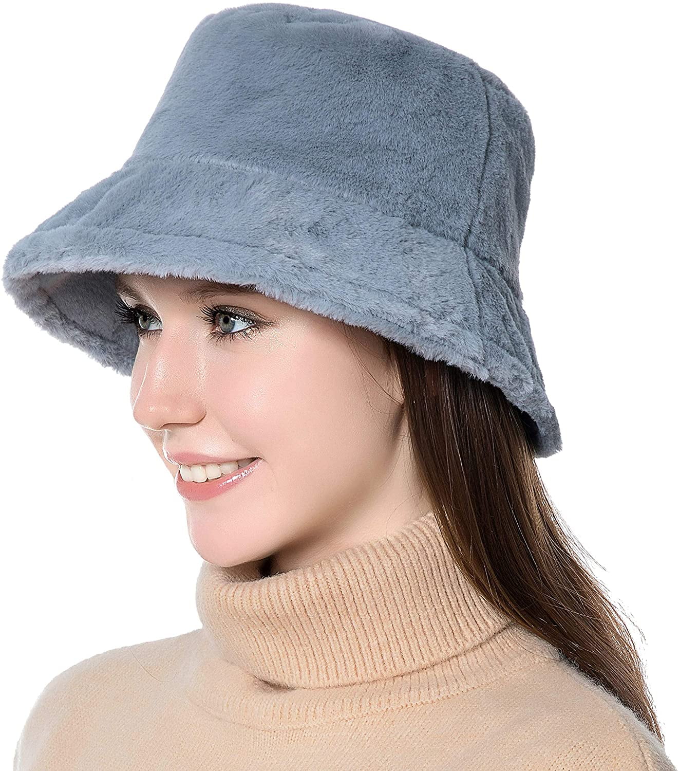 Muryobao Female Women Winter Bucket Hat Warm Faux Fur Wool Cloche Hats ...