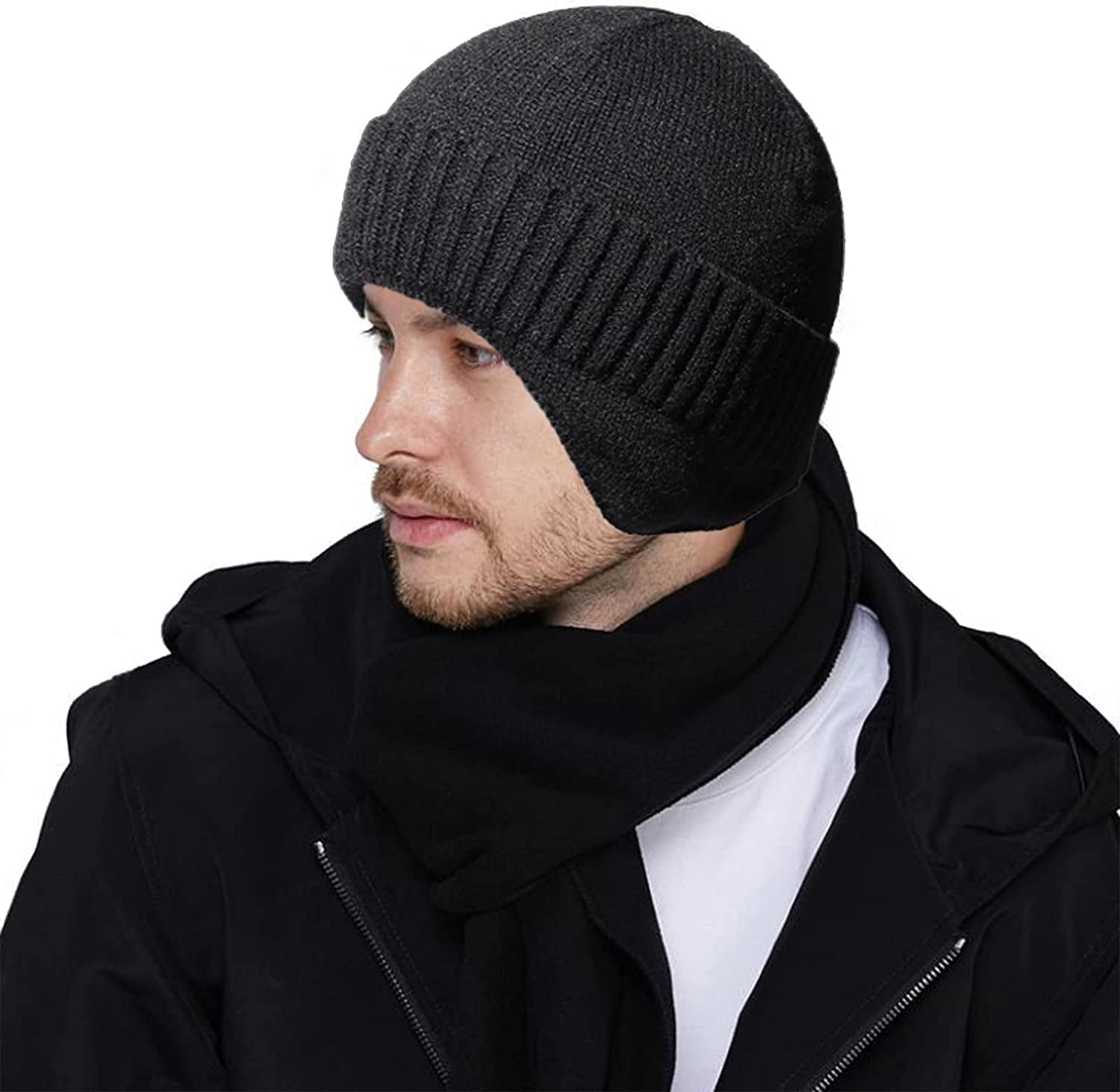 Muryobao Men's Knit Cuffed Beanie Warm Winter Fleece Lined Earflaps Hat ...