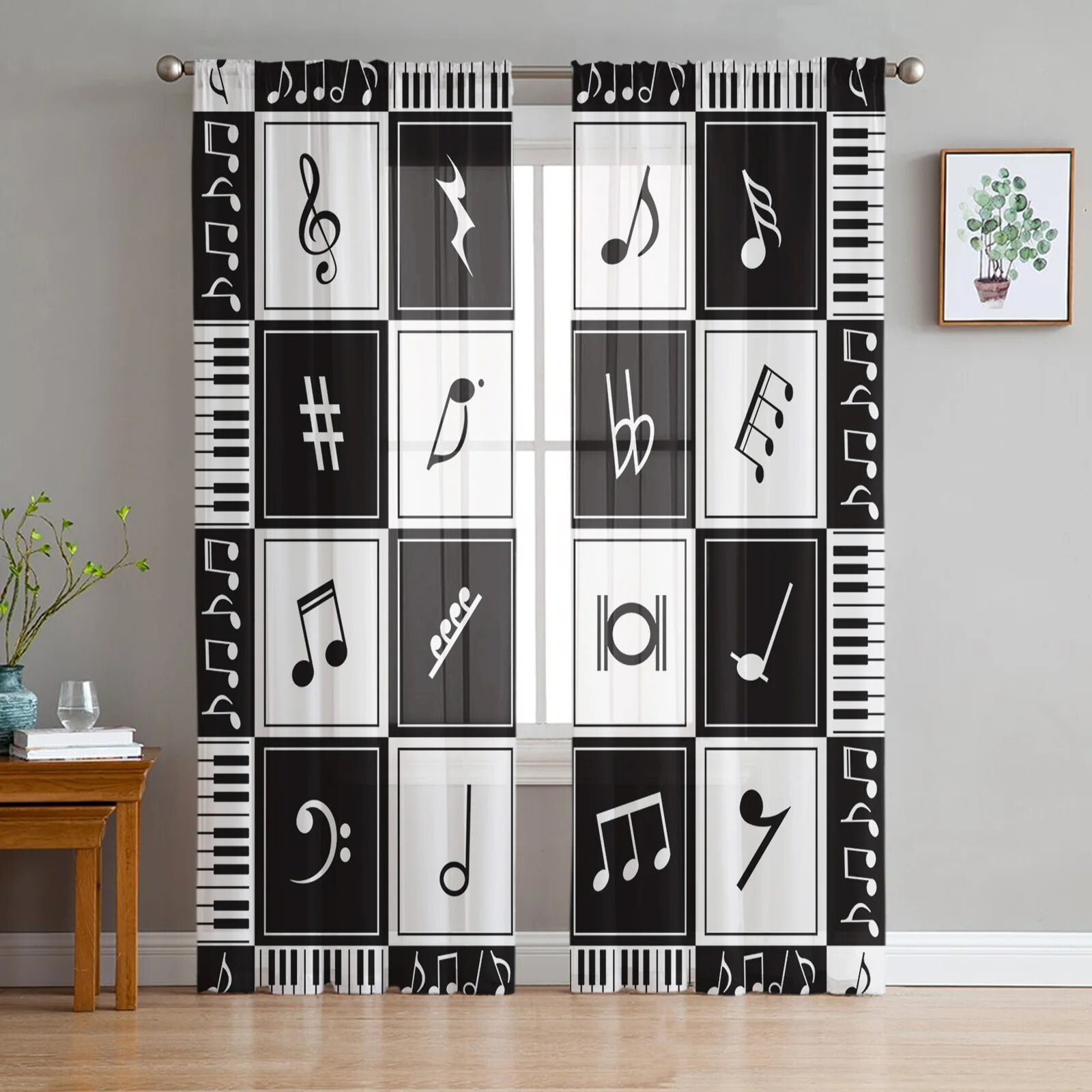 Musc Piano Keys Black White Tulle Curtains For Living Room Kitchen ...