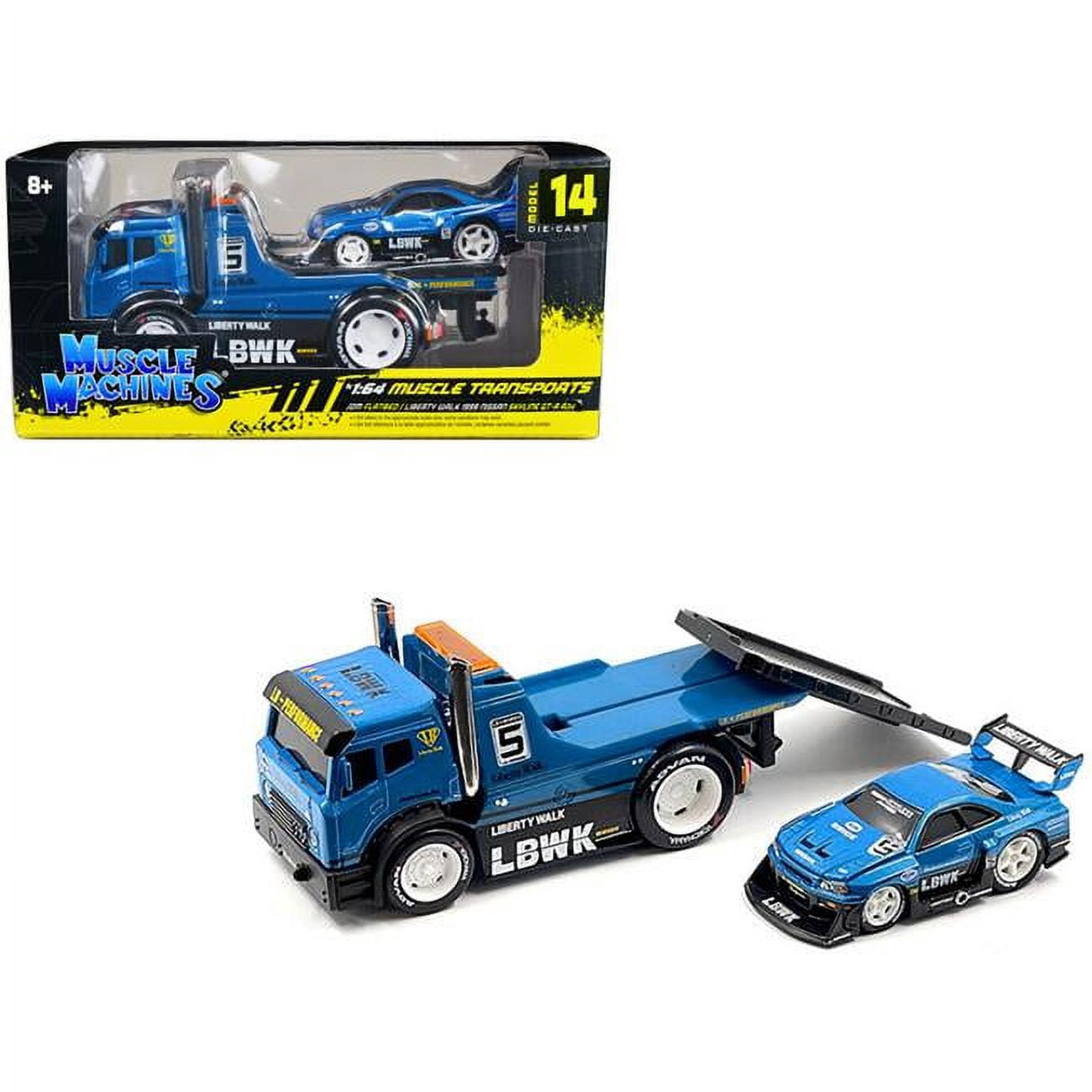 Muscle Machines 11546BL 1-64 Scale JDM Flatbed No.5 Blue Metallic Liberty Walk & 1999 Nissan ...