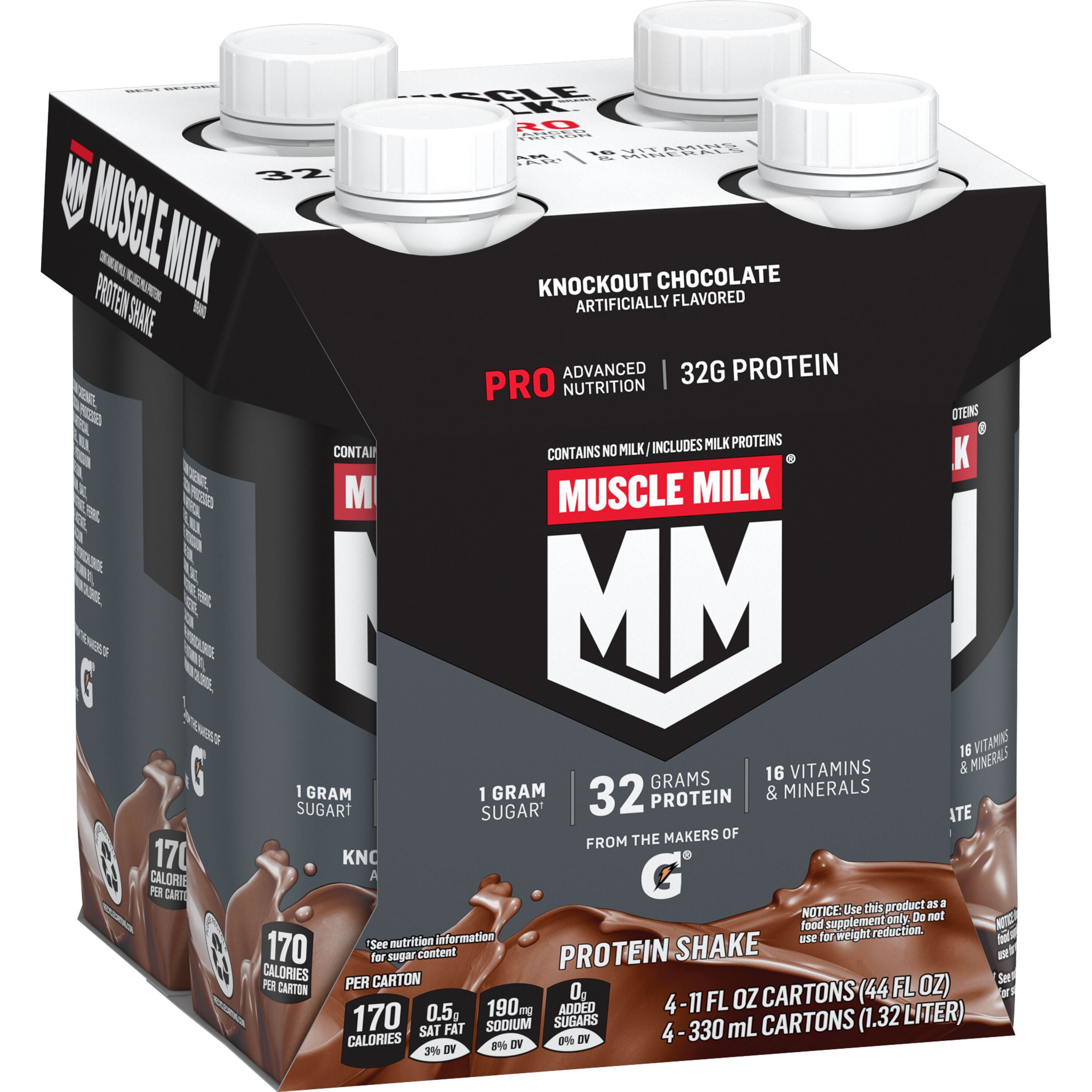 Muscle Milk Protein Shake Knockout Chocolate 11 fl oz 4 Pack with 32g ...