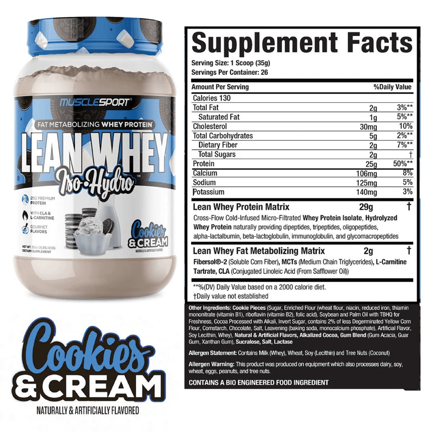 Musclesport Lean Whey Keto Supplement, Cookies & Cream - 2lb, 25g ...