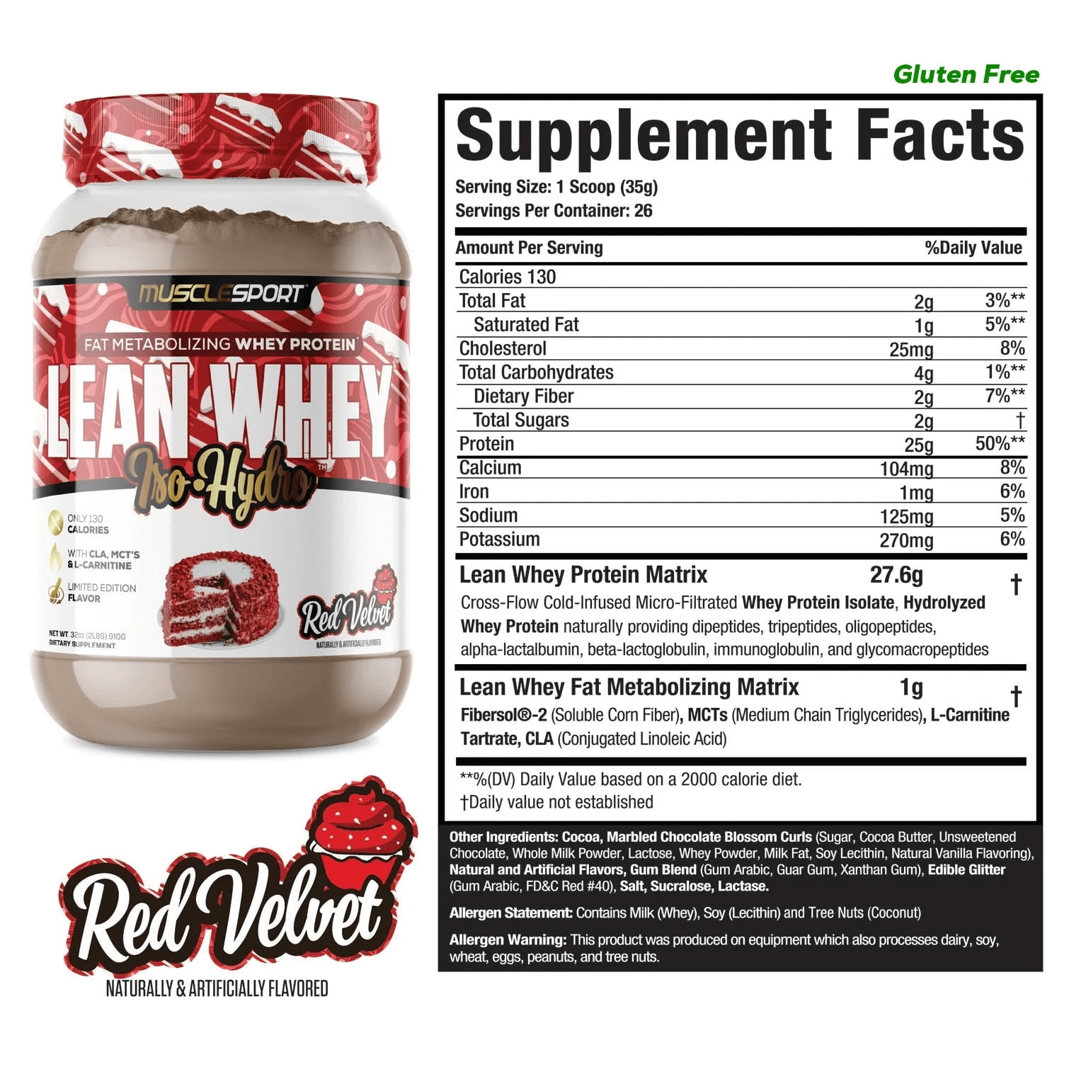 Musclesport Lean Whey™ Iso Hydro Protein Powder, Red Velvet - Gluten ...