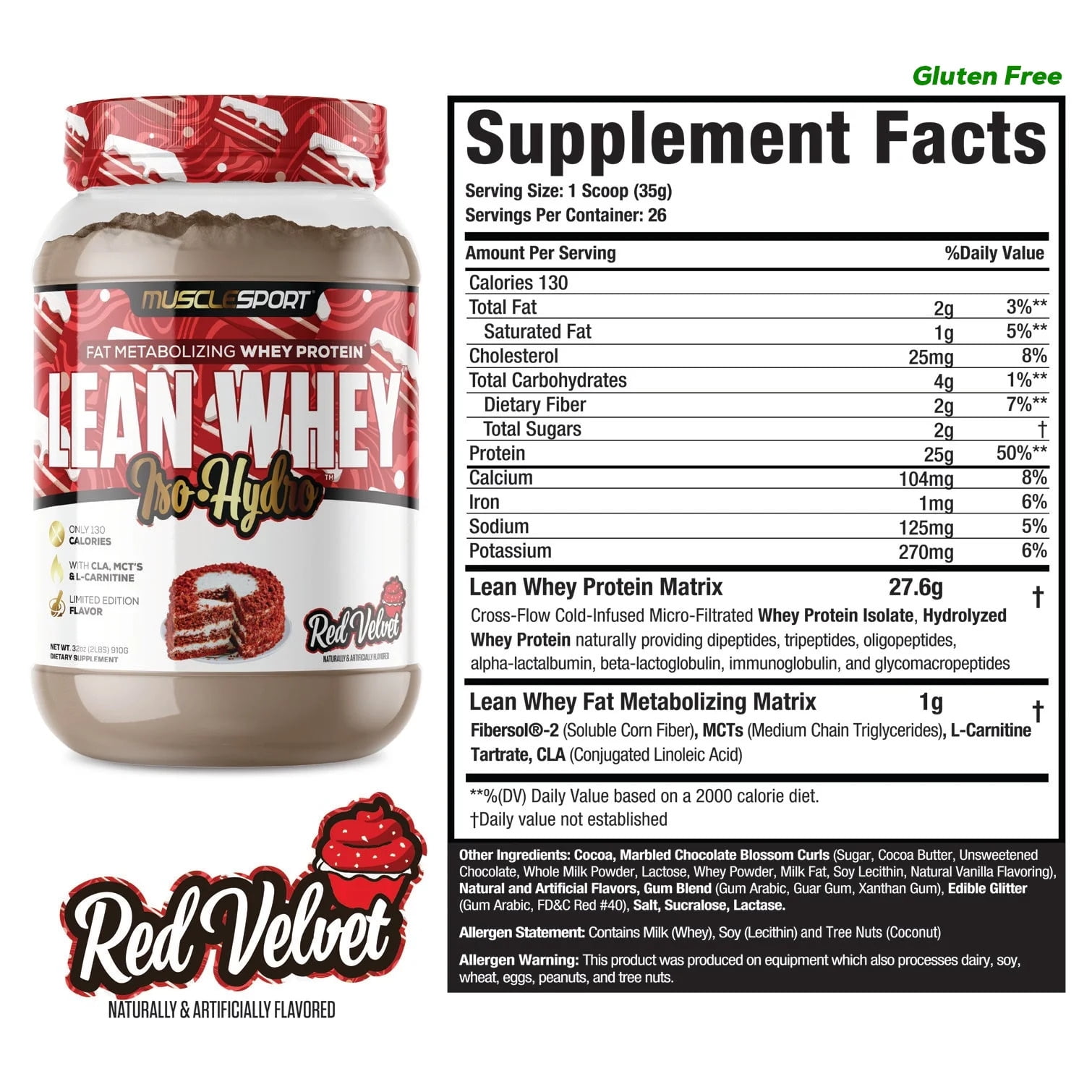 Musclesport Lean Whey™ Iso Hydro Protein Powder, Red Velvet - Gluten ...