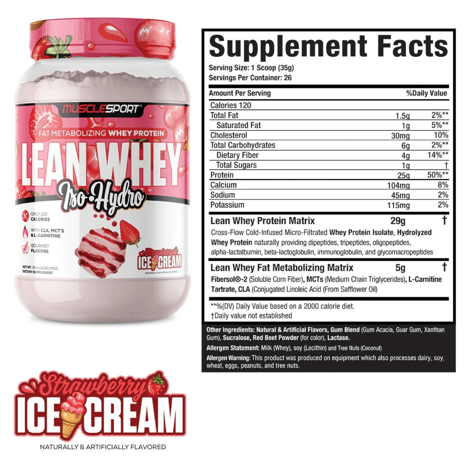 Musclesport Lean Whey™ Protein Powder, Strawberry, 2lb - 25g Protein, Low Fat, Low Carb ...