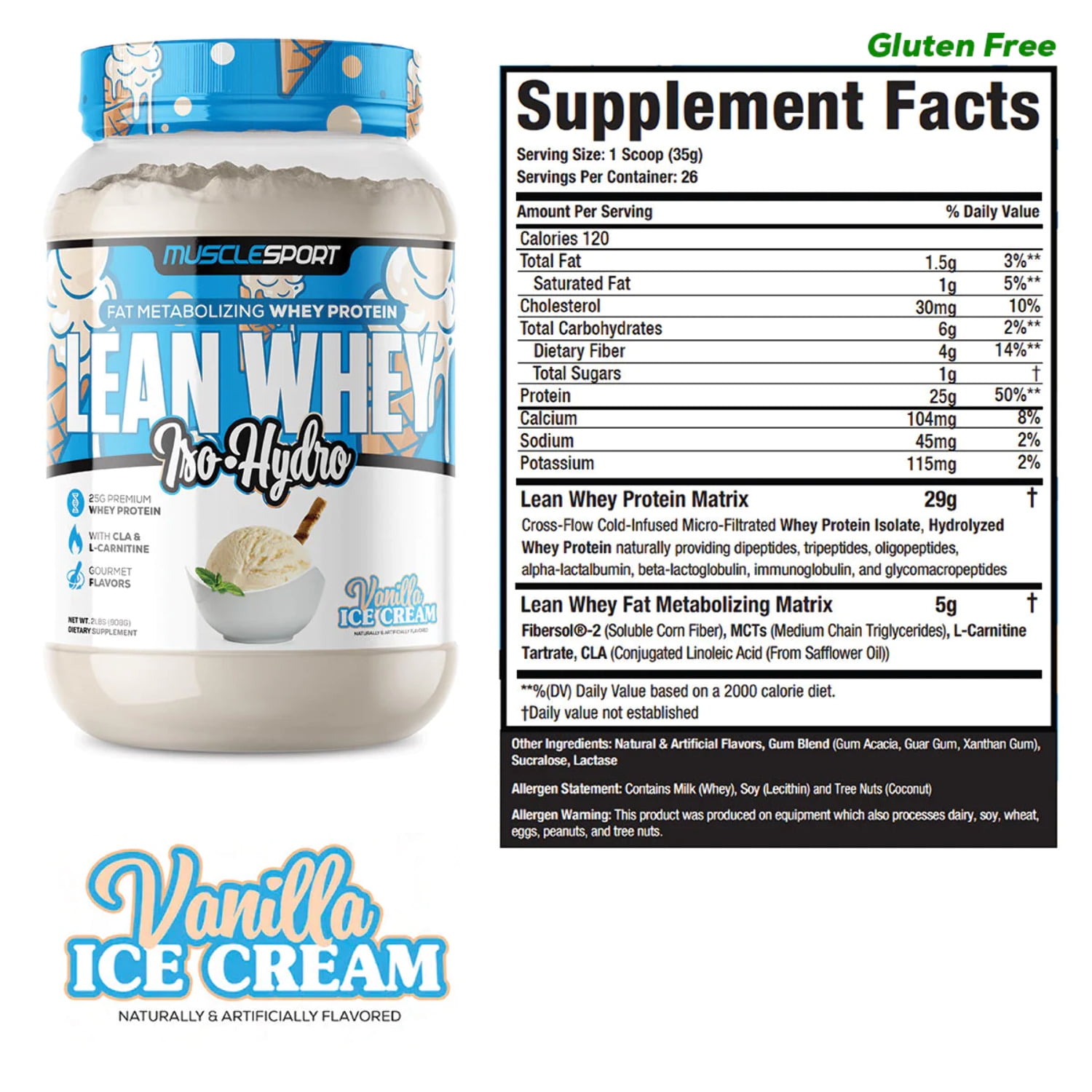 Musclesport Lean Whey™ Iso Hydro Protein Powder, Vanilla Ice Cream - Gluten Free - 2lb, 25g of ...