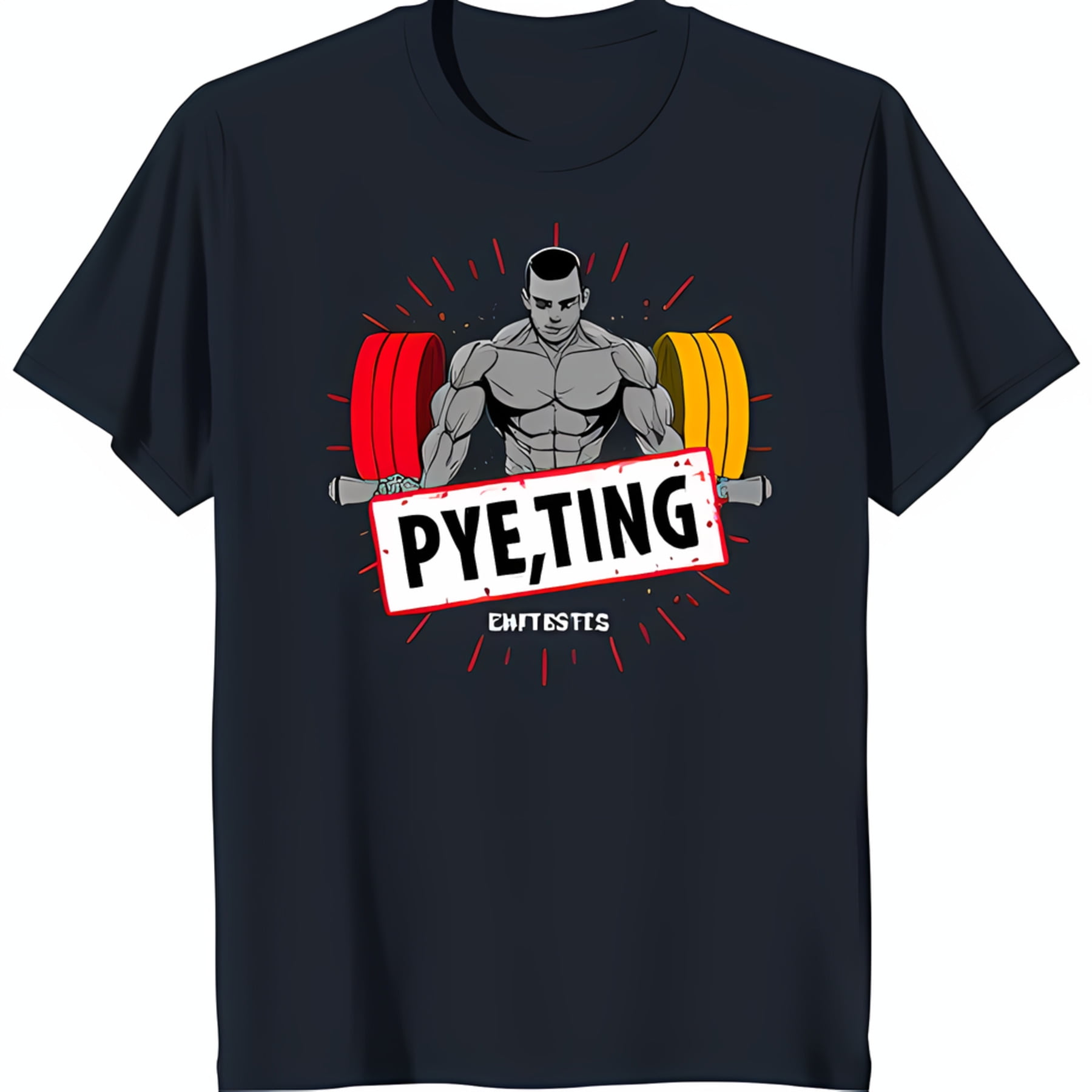 Muscular Man Lifting Barbell T-Shirt Pye Ting Design with Red Sunbeams ...