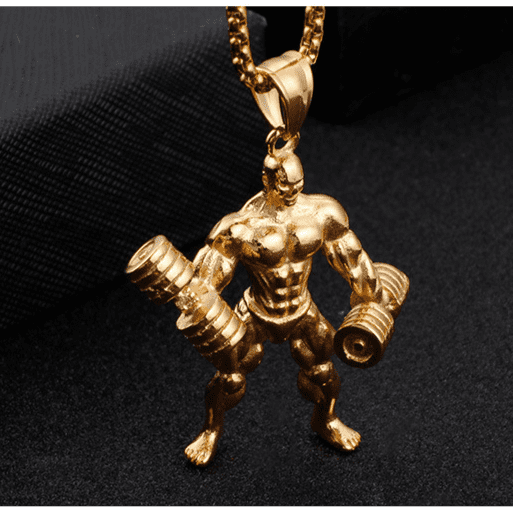 Muscular Man Lifting Dumbbell Shaped 14K Yellow Gold Pendant Necklace ...