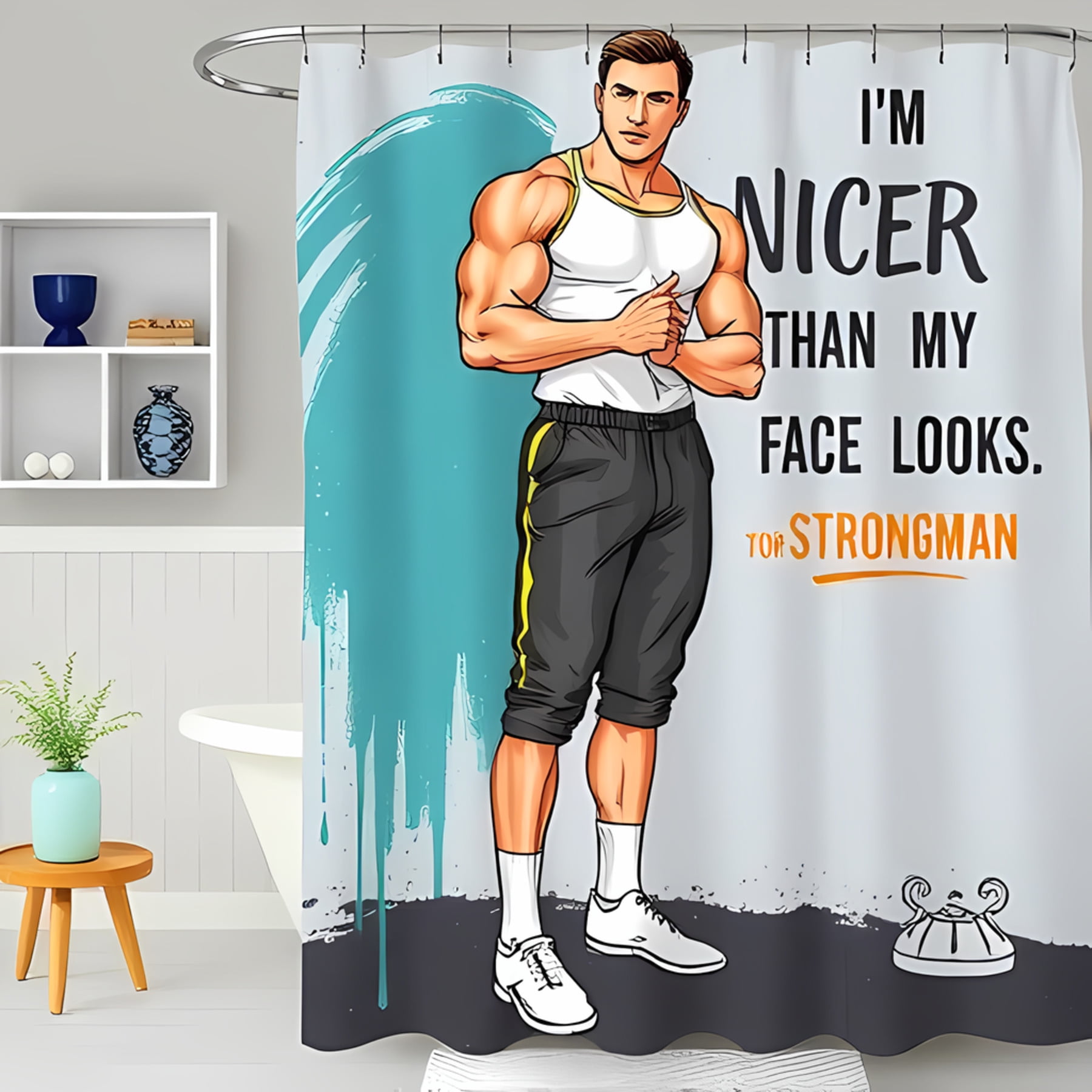 Muscular Man Shower Curtain - Comic Style Art with Teal & Grey ...