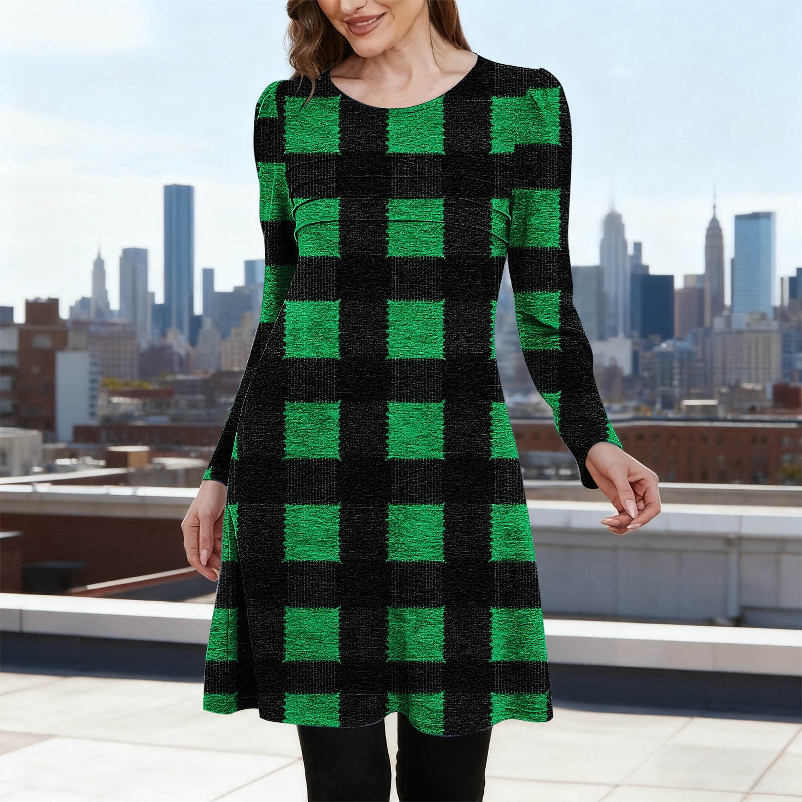 Muscularfit Waist Fall Dresses with Pocket Plaid Dress Long Sleeve Midi ...