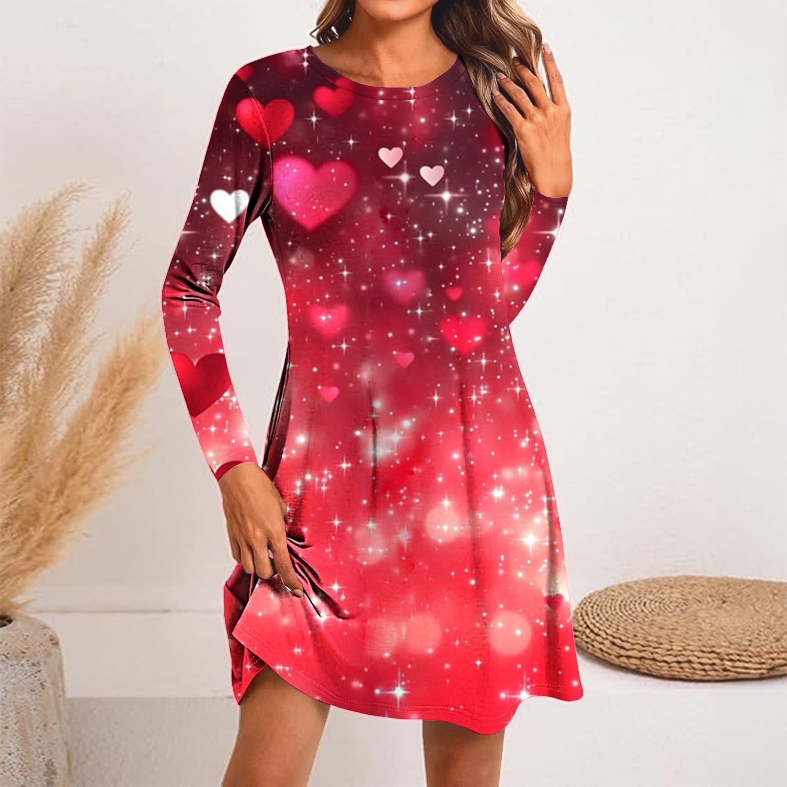 Muscularfit Flowy Winter Dress Hearts Valentine Loose Dresses Crew Neck ...