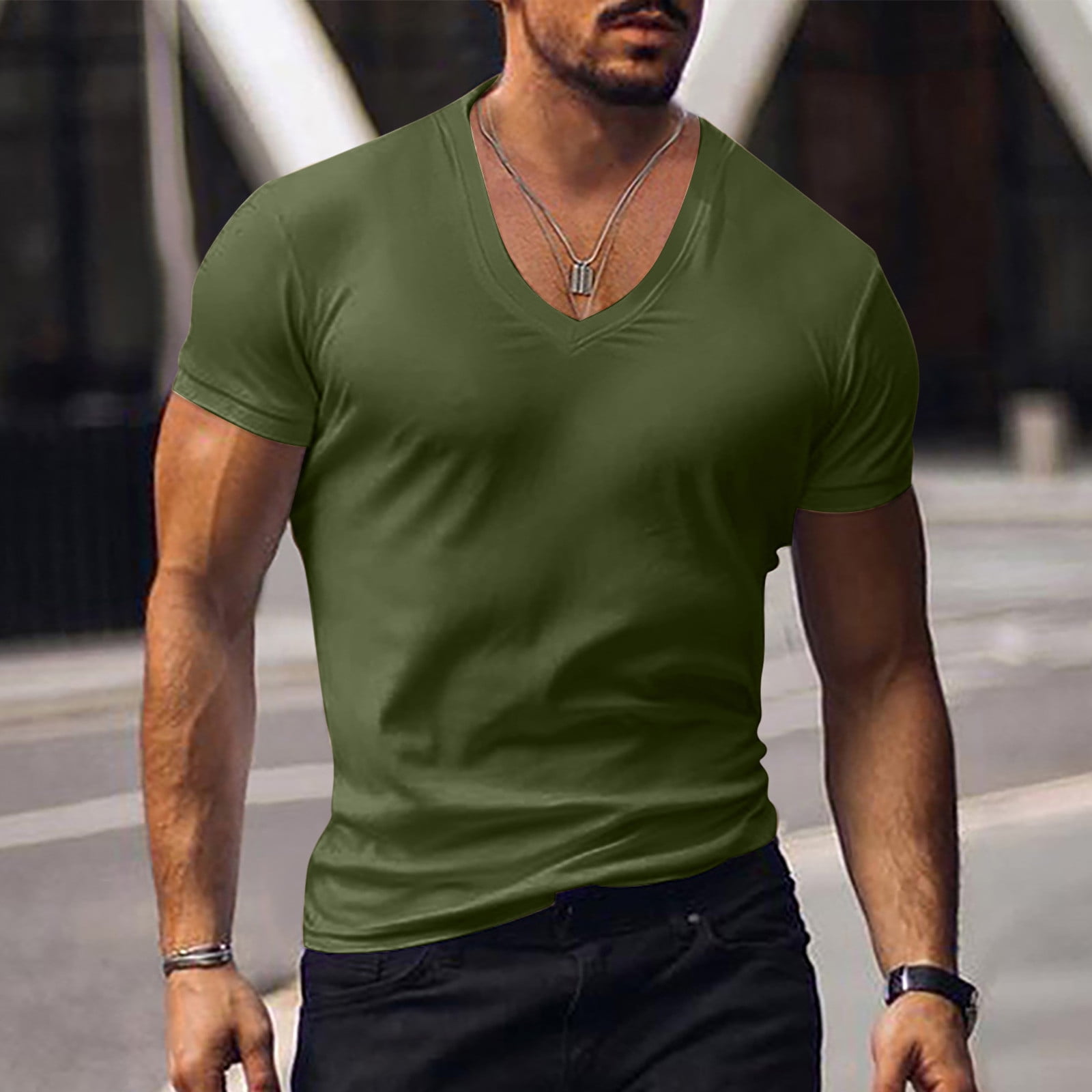Muscularfit Green Summer Shirts for Men Short Sleeve V-Neck Slim-Fit Solid T Shirt Workout Tops ...