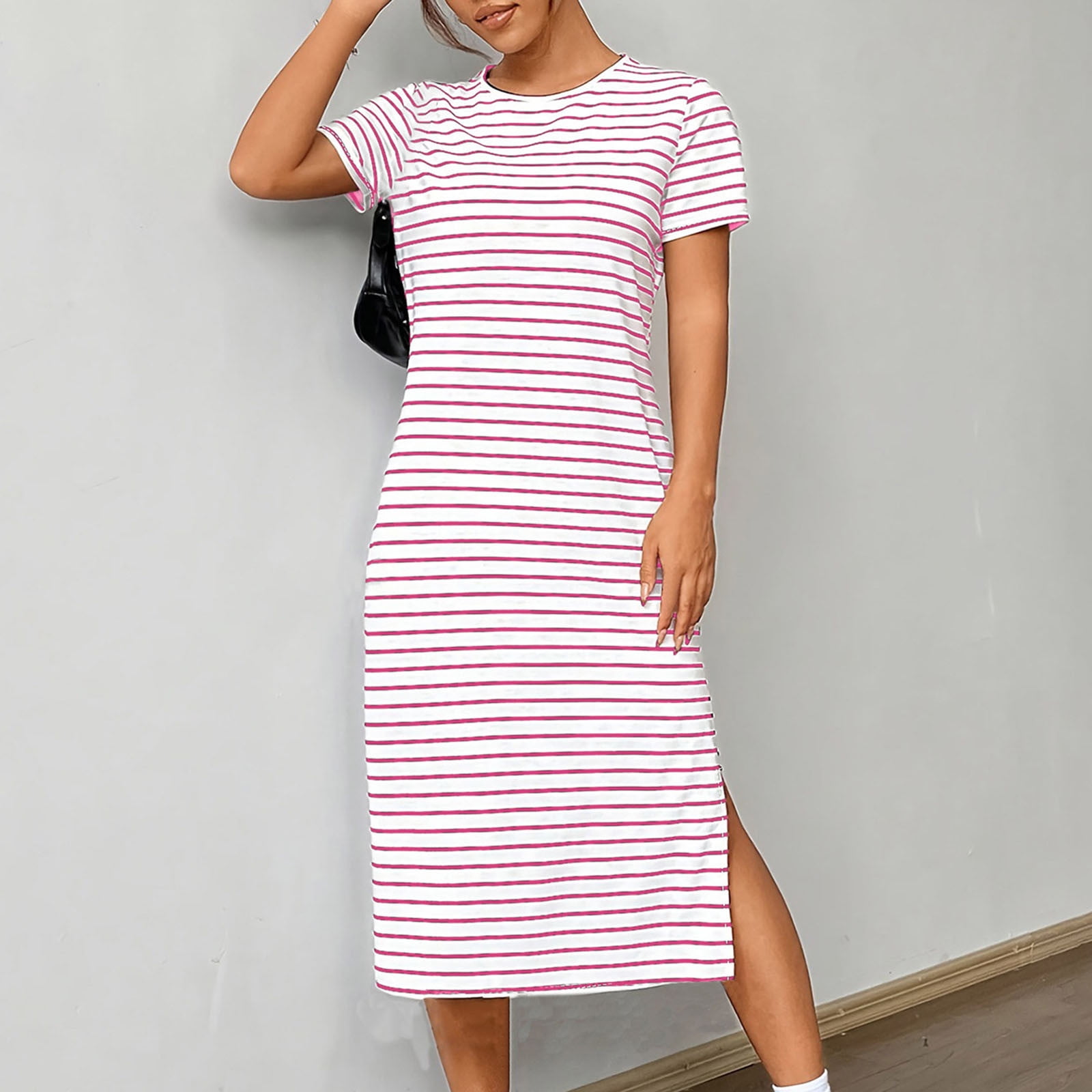 Muscularfit Ladies Dresses Loose Stripe Dress Midi Short Sleeve Crew ...