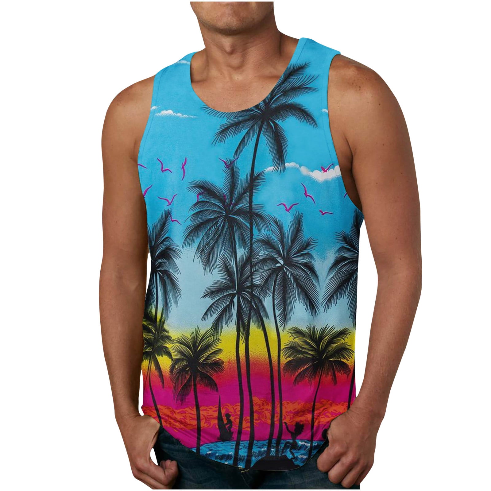 Muscularfit Mens Summer Shirts Sleeveless Blue Tropical Crew Neck ...