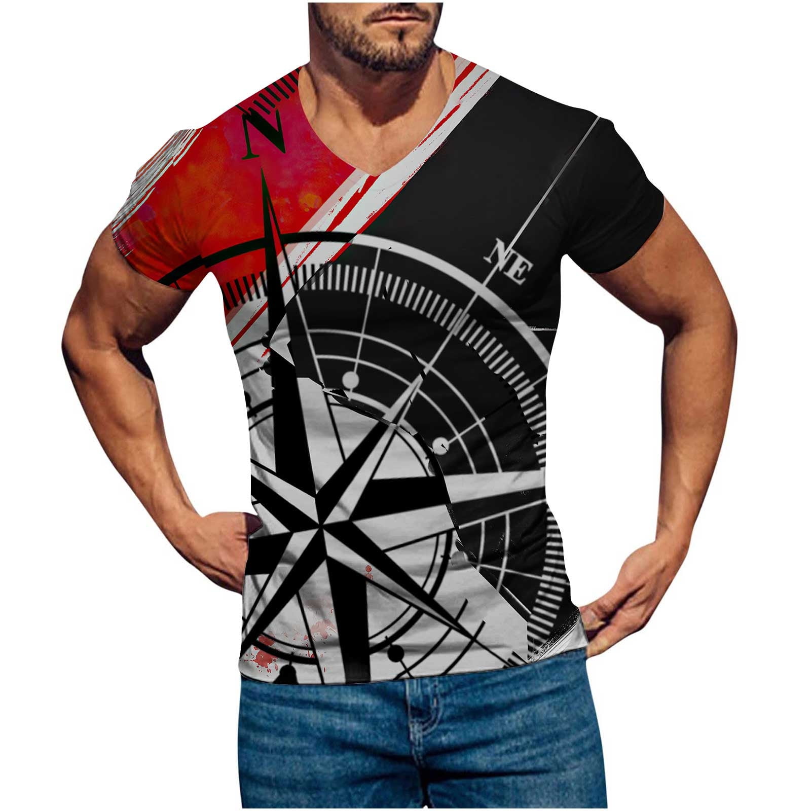 Muscularfit Red Compression Shirts for Men Short Sleeve Graphic V-Neck ...