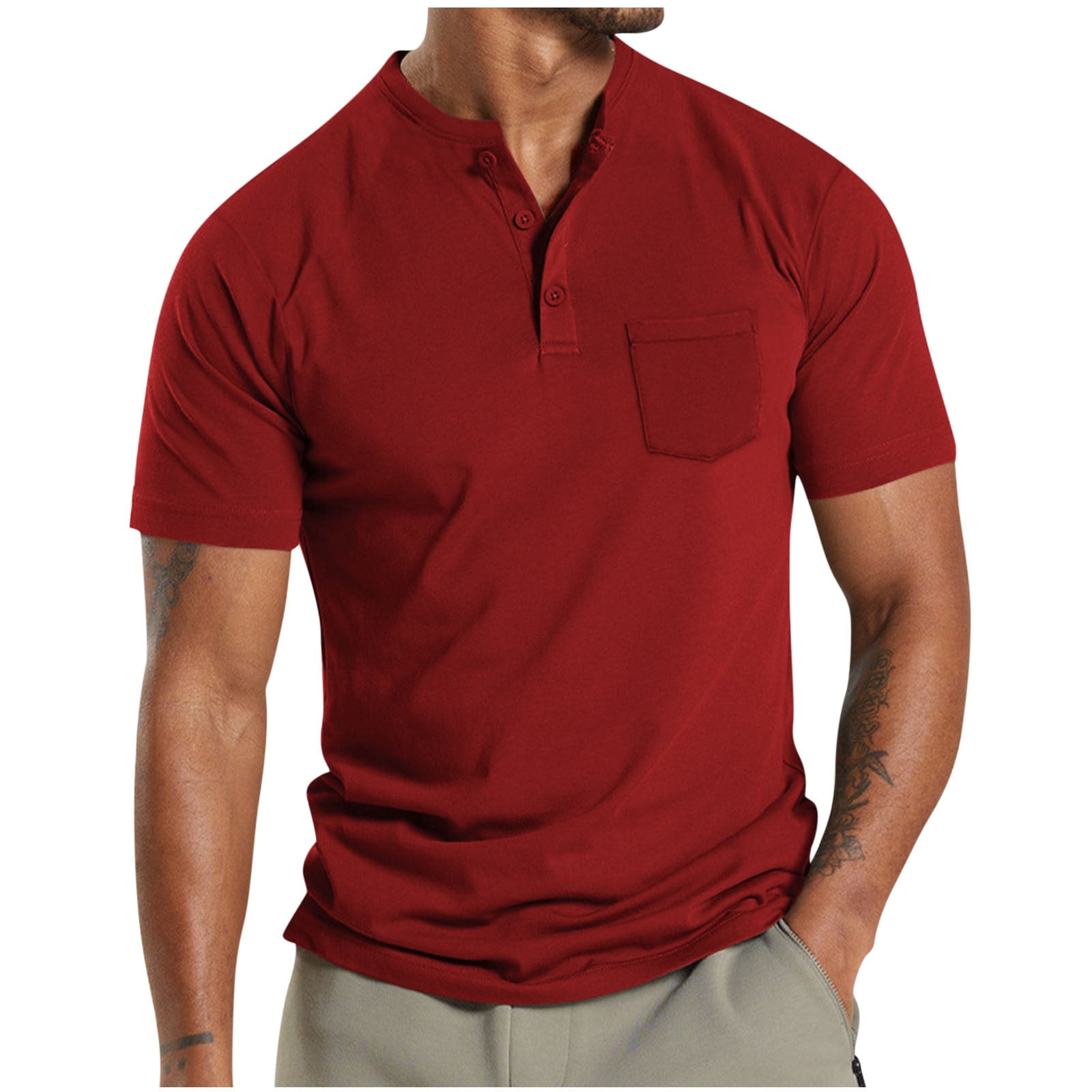 Muscularfit Short Sleeve Mens Summer Shirts Red Collared Solid Workwear ...