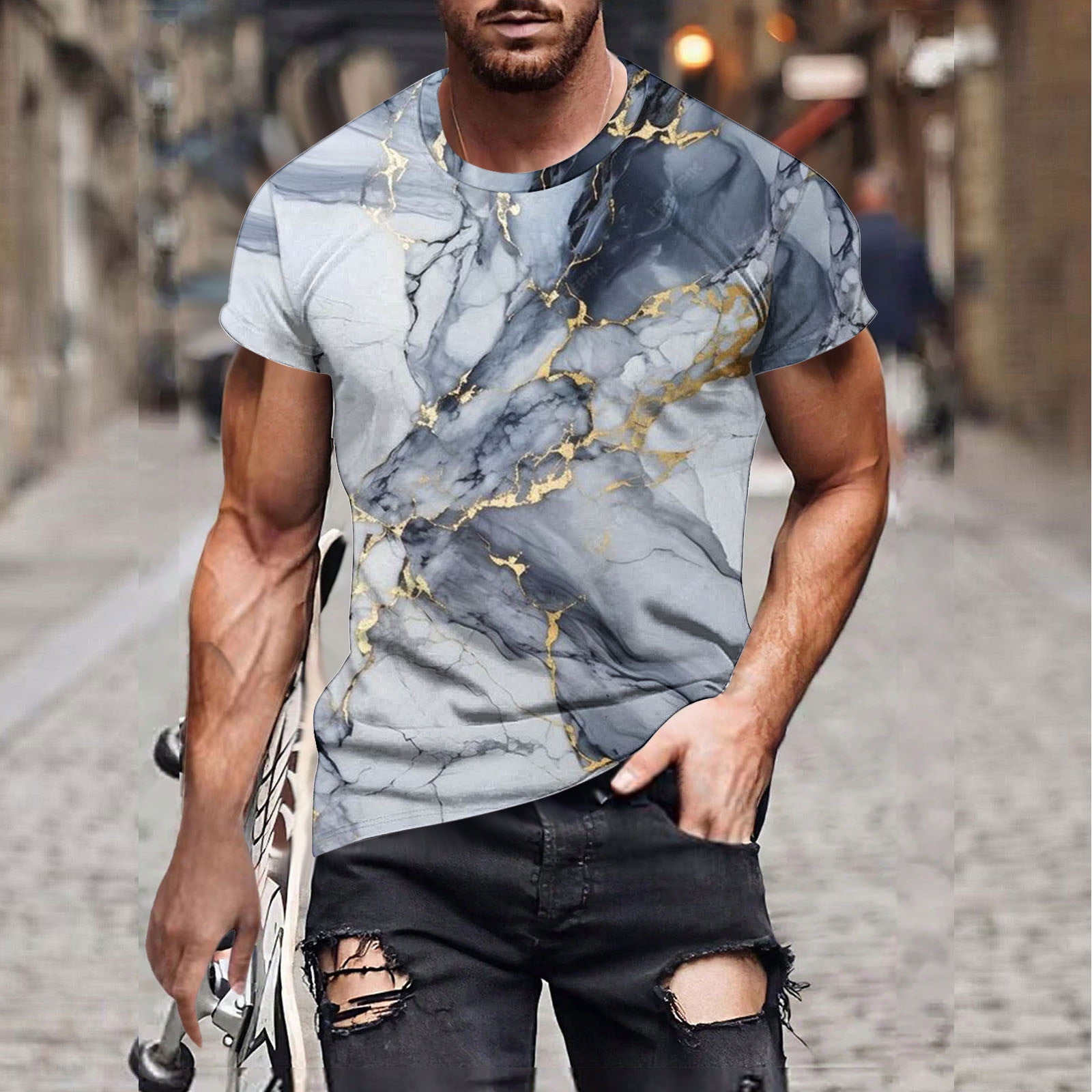 Muscularfit Short Sleeve Tops for Men Blue Graphic Marble Crew Neck T ...