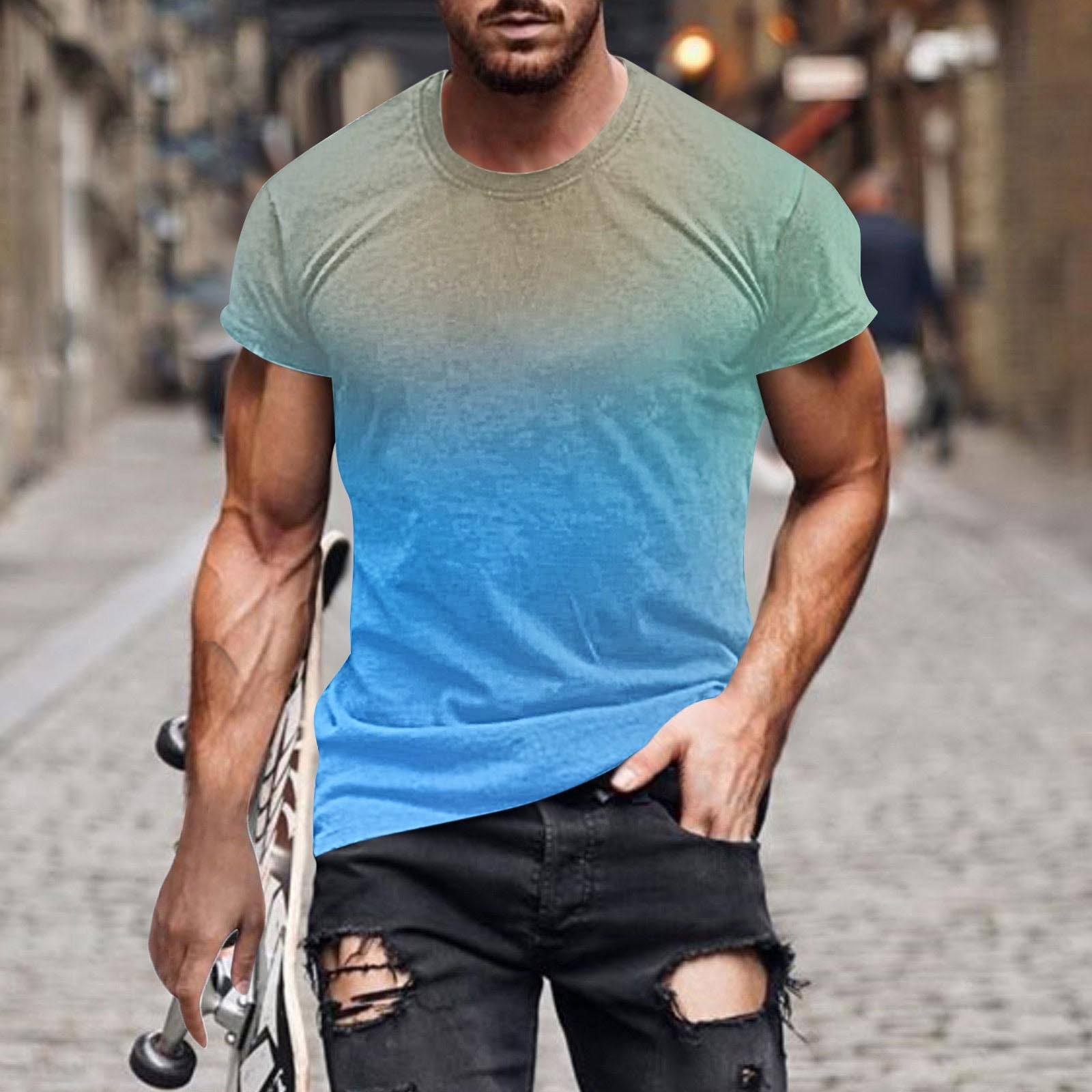 Muscularfit Tops for Men Blue Short Sleeve Crew Neck Gradient T Shirts ...