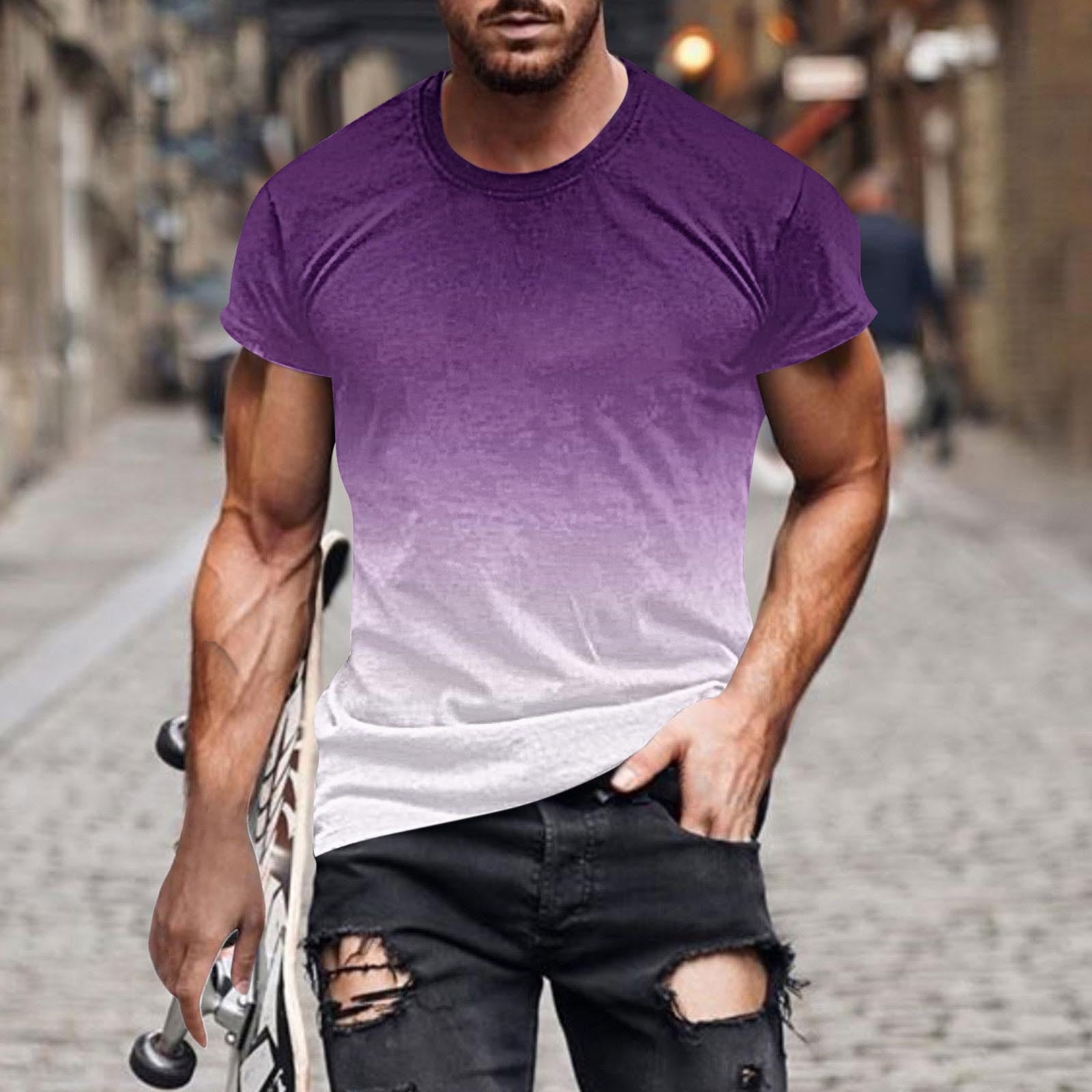 Muscularfit Tops for Men Short Sleeve Purple Crew Neck Gradient T ...