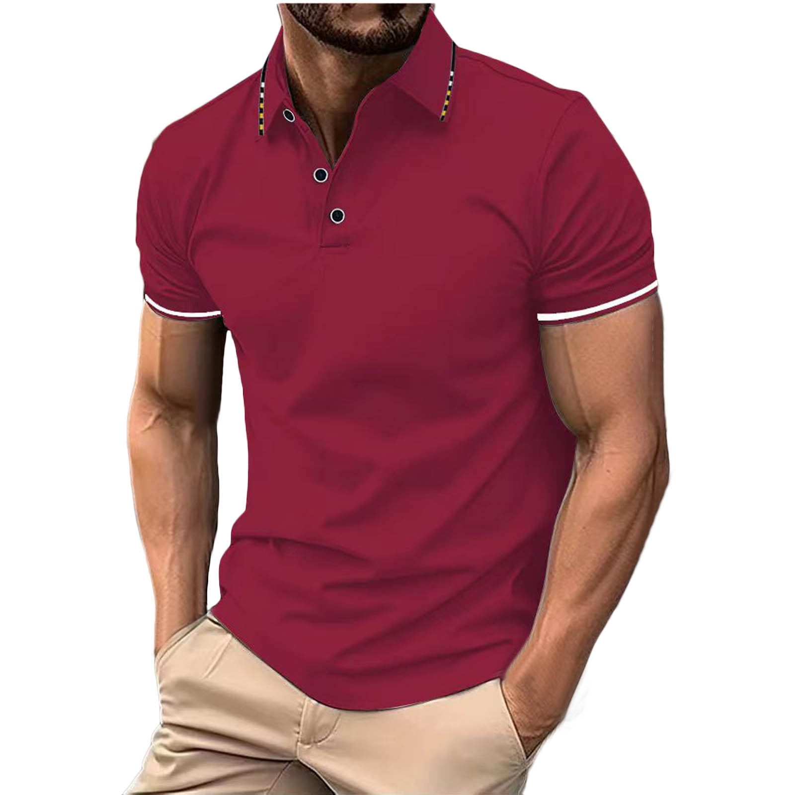 Muscularfit Workout Tops for Men Short Sleeve Red Slim Collared Solid ...