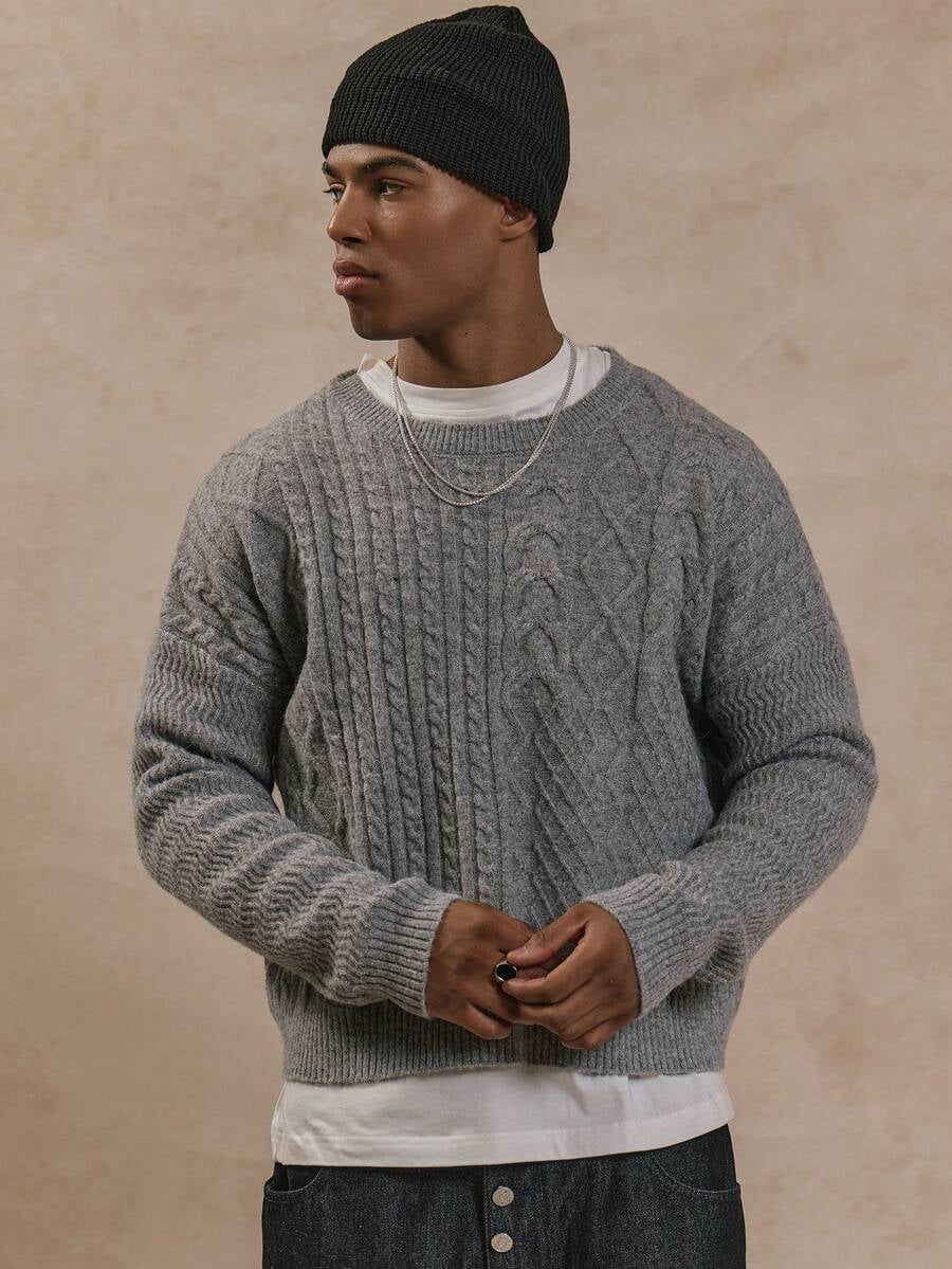 Musero Crew Neck Long Sleeve Cropped Multi Patch Pattern Cable Knit ...