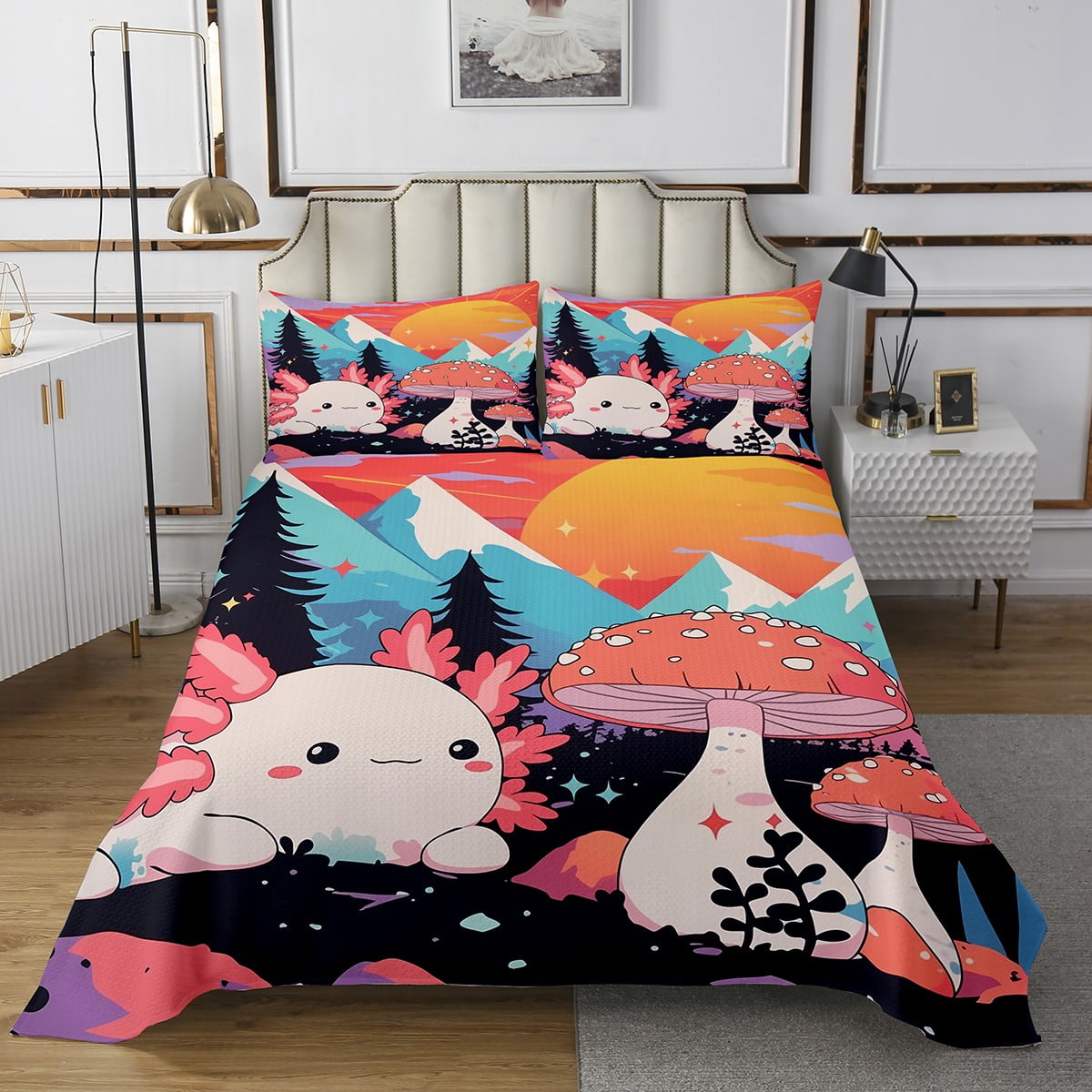 Mushroom Axolotl Coverlet Jungle Axolotl Quilt Set,Cute Hand Drawn ...