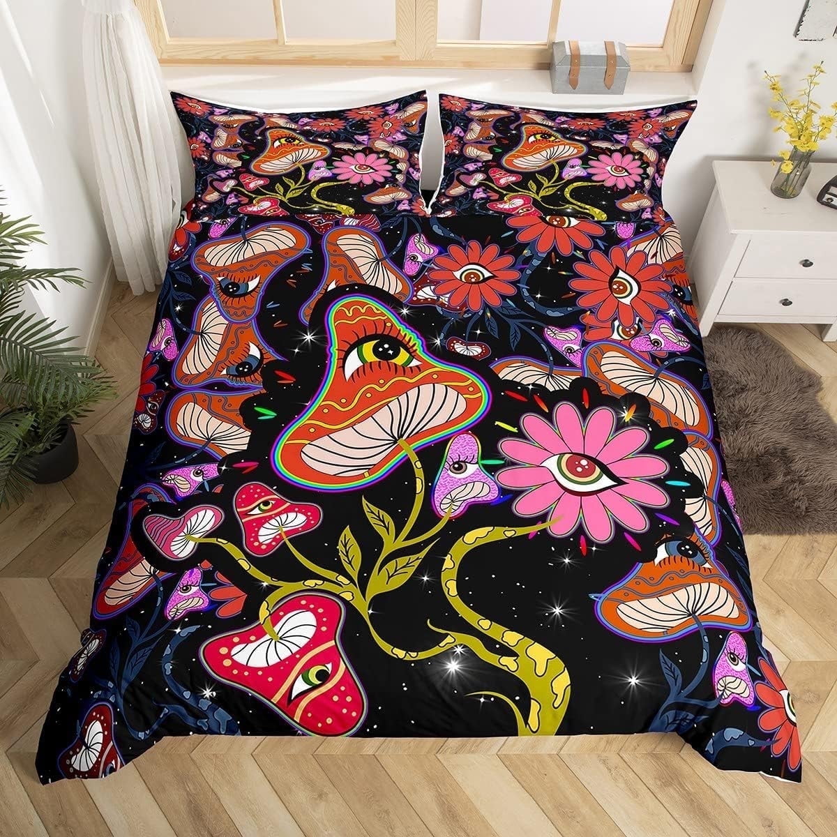 Mushroom Bedding Set Queen Girls Women Trippy Cute Flowers Comforter ...