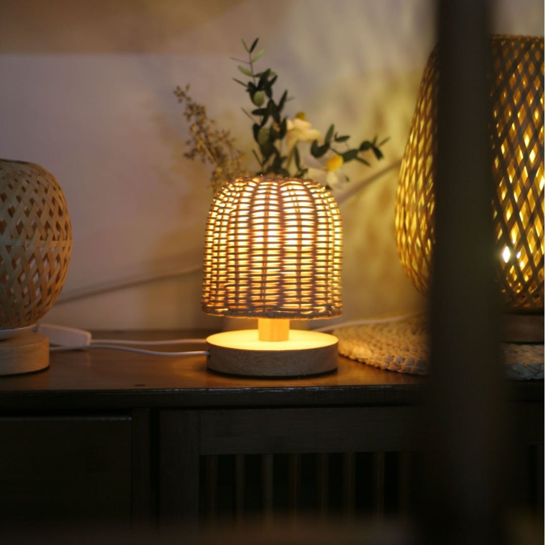 Mushroom Beside Table Lamp, Pure Hand Weaving,Wicker Desktop Nightstand ...