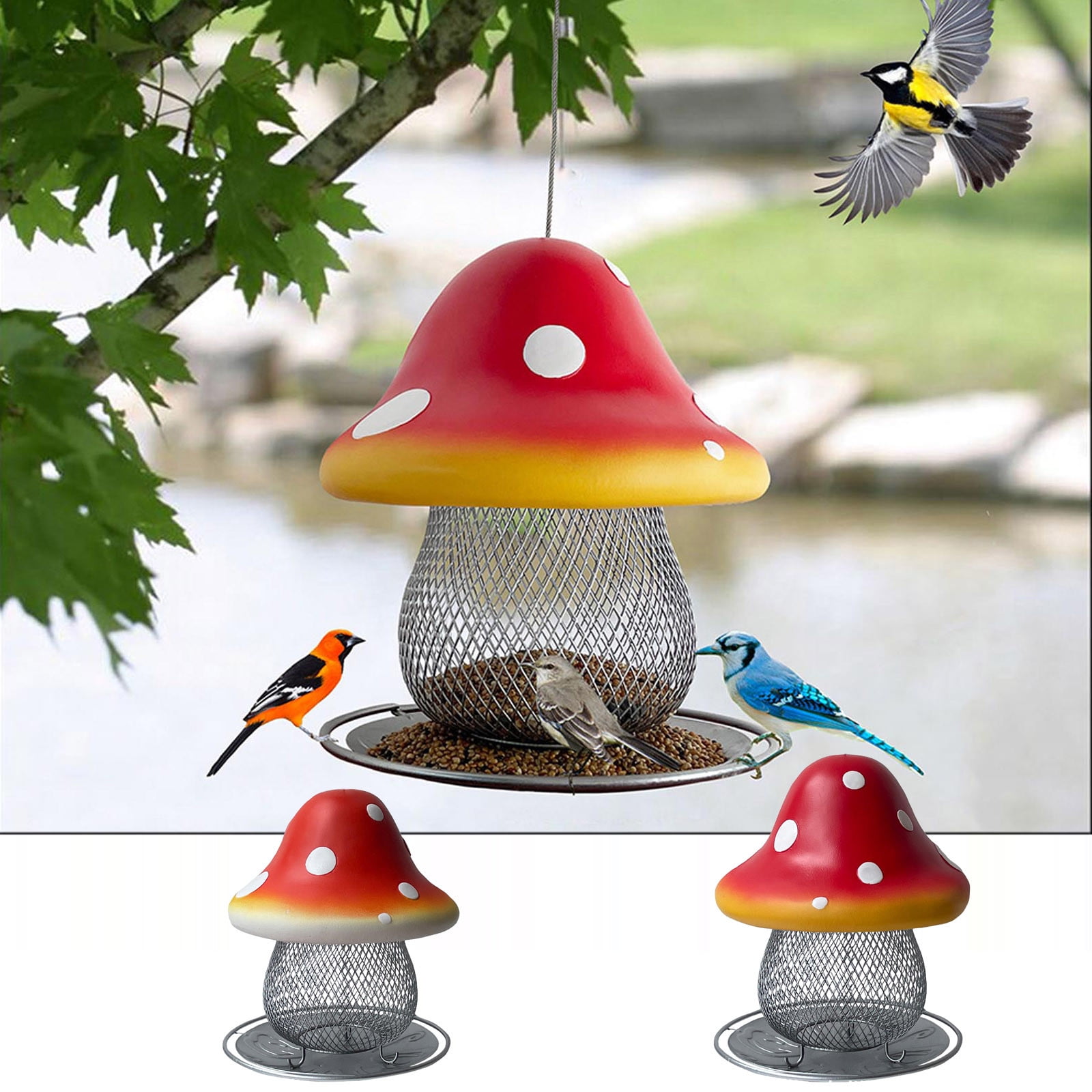 Mushroom Bird Feeder, Solar Outdoors Hanging Color Changing Solar ...