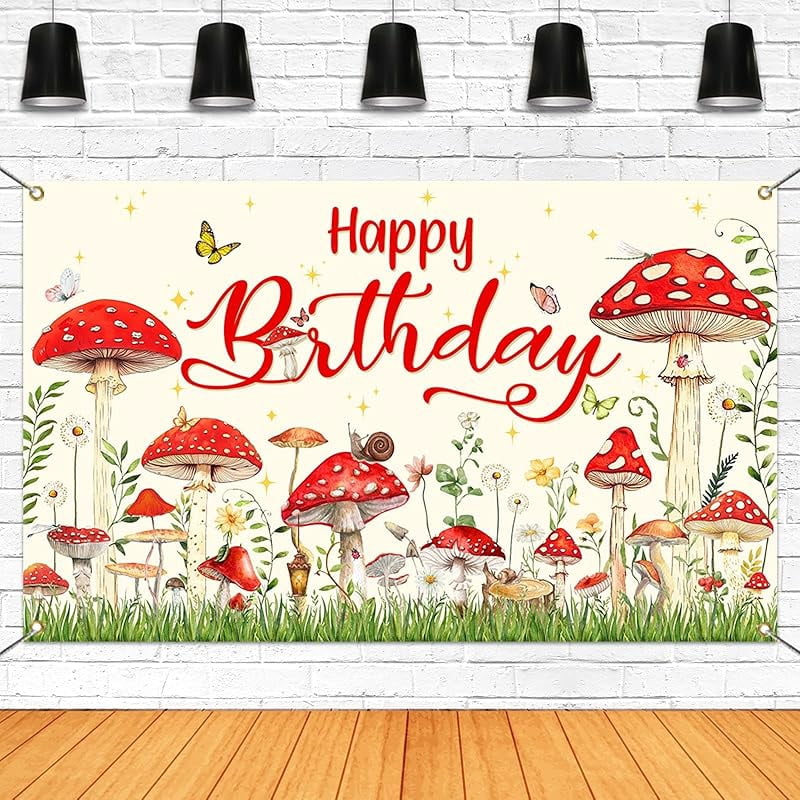 Mushroom Birthday Banner Backdrop Red Mushroom Birthday Party Banner ...