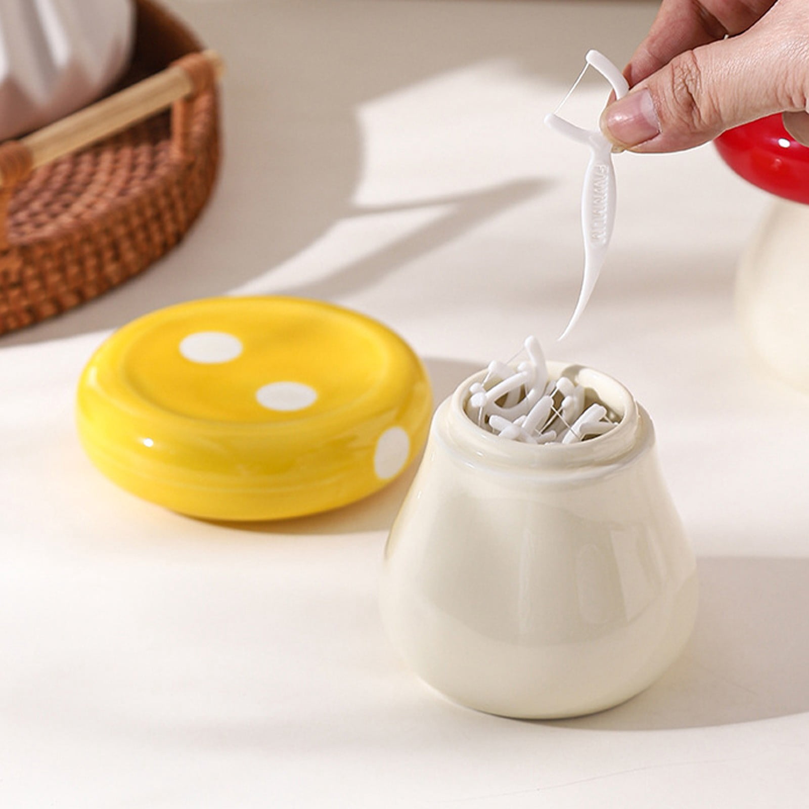 Mushroom Ceramic Toothpick Holder & Cotton Swab Jar - Red or Yellow ...
