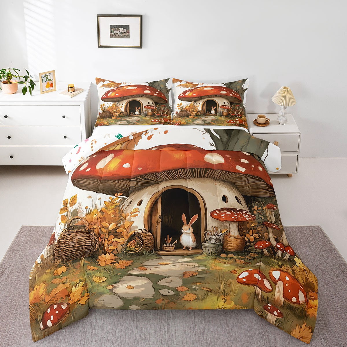 Mushroom Comforter Set Full Size,Cartoon Mushroom Bedding Set Kawaii ...