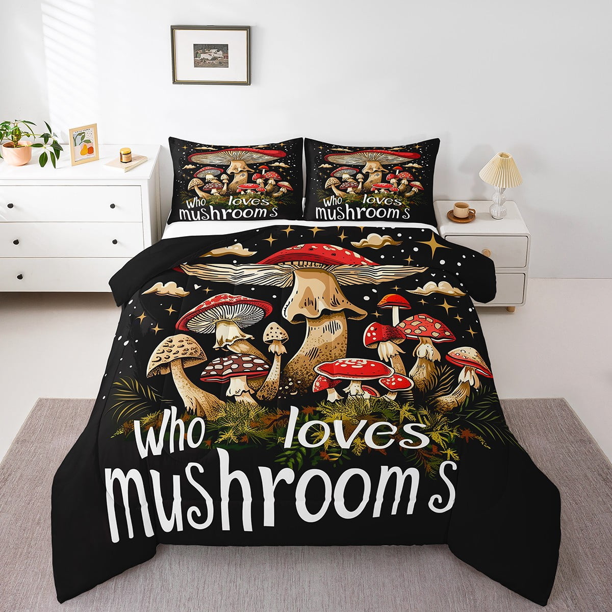 Mushroom Comforter Set Full Size Cute Mushroom Print Bedding Sets Boho ...