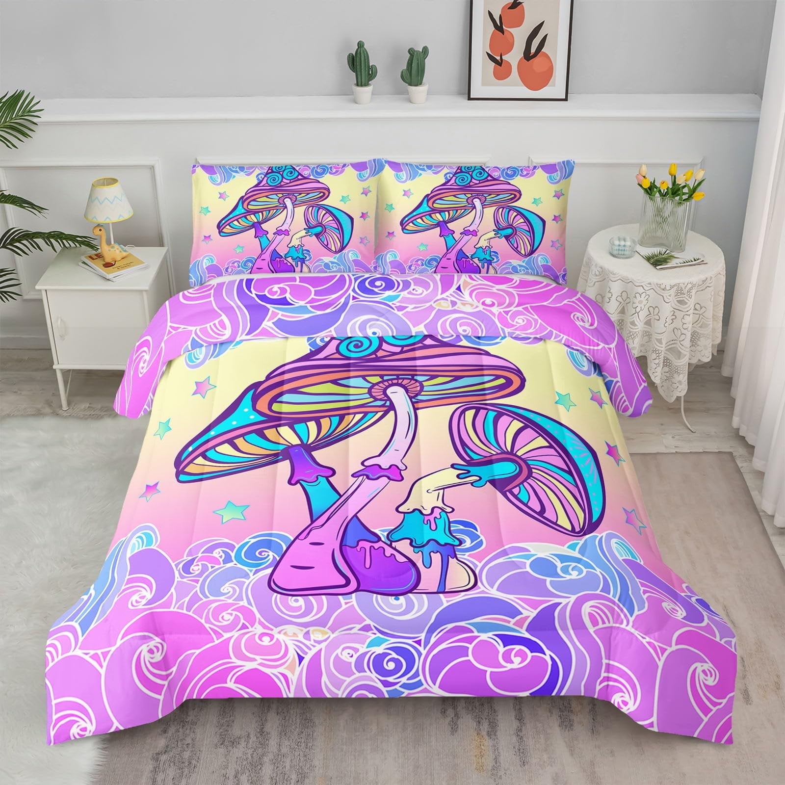 Mushroom Comforter Set Queen,Colorful Mushroom Bedding Sets,Trippy ...