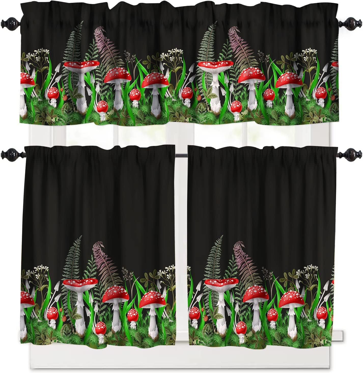 Mushroom Curtain Valance 3 Piece Set,Hand Painted Forest Plant Print ...