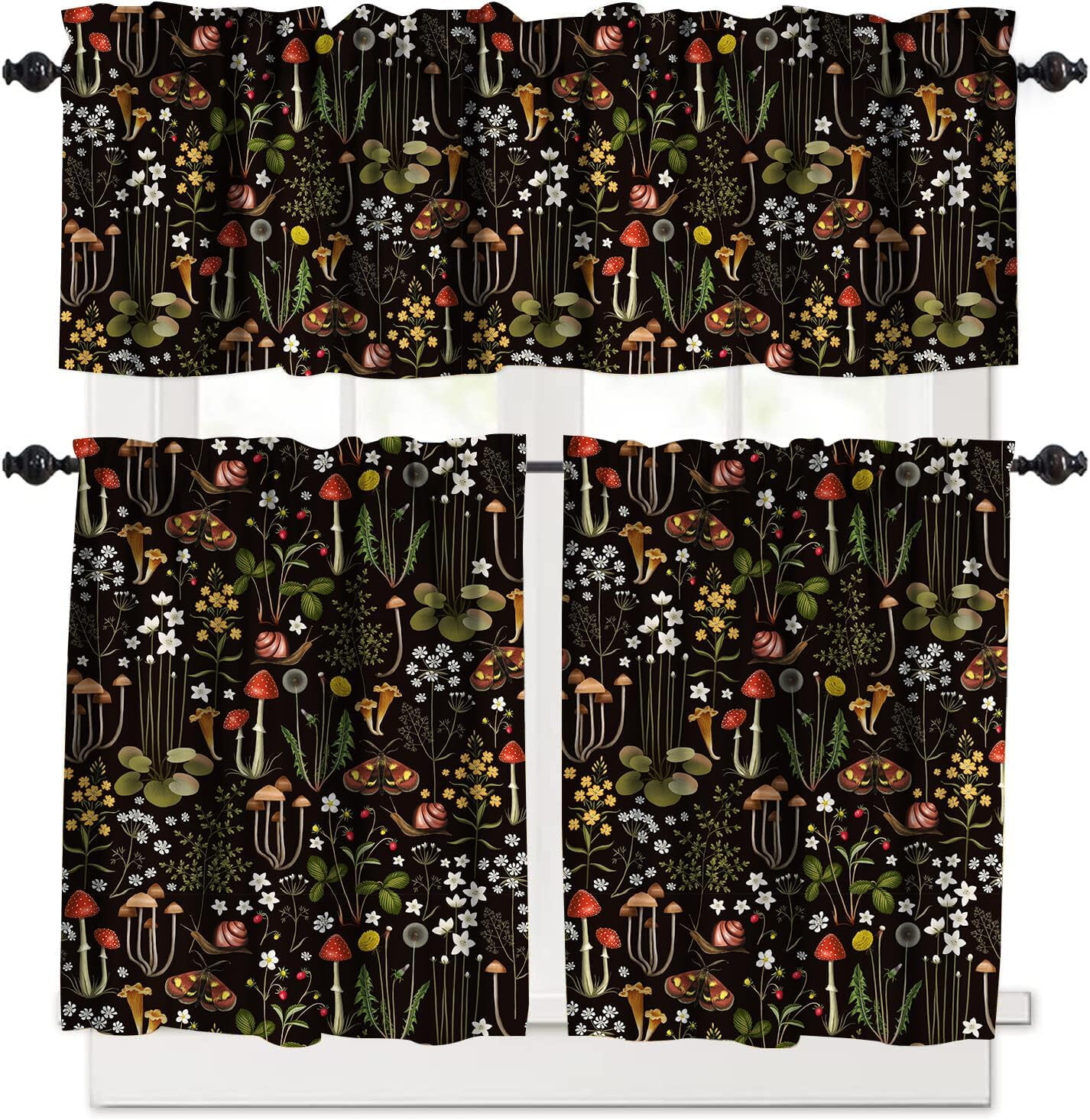 Mushroom Curtain Valance Set of 3,Rustic Forest Woodland Plant Pattern ...