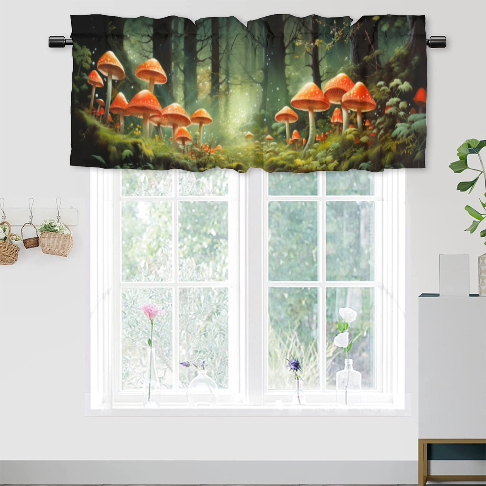 Mushroom Curtain Valances Nature Forest Green Plant Fairy Tale ...