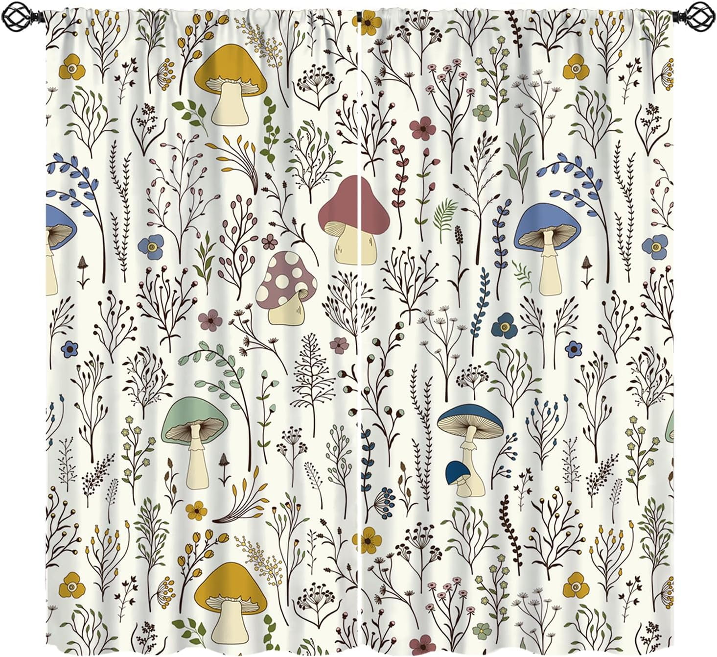 Mushroom Curtains, Colorful Wild Botanical and Fungus on White ...