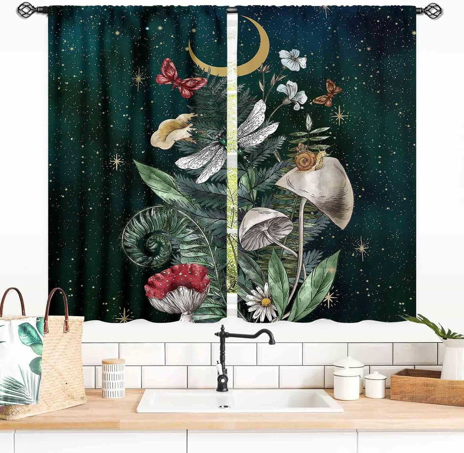 Mushroom Curtains, Fairy Botanical Mushroom Cottagecore Gothic Moth ...