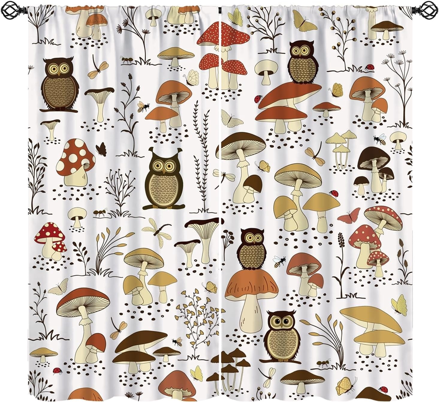 Mushroom Curtains, Funny Cartoon Owls and Cute Cartoon Mushrooms Window ...