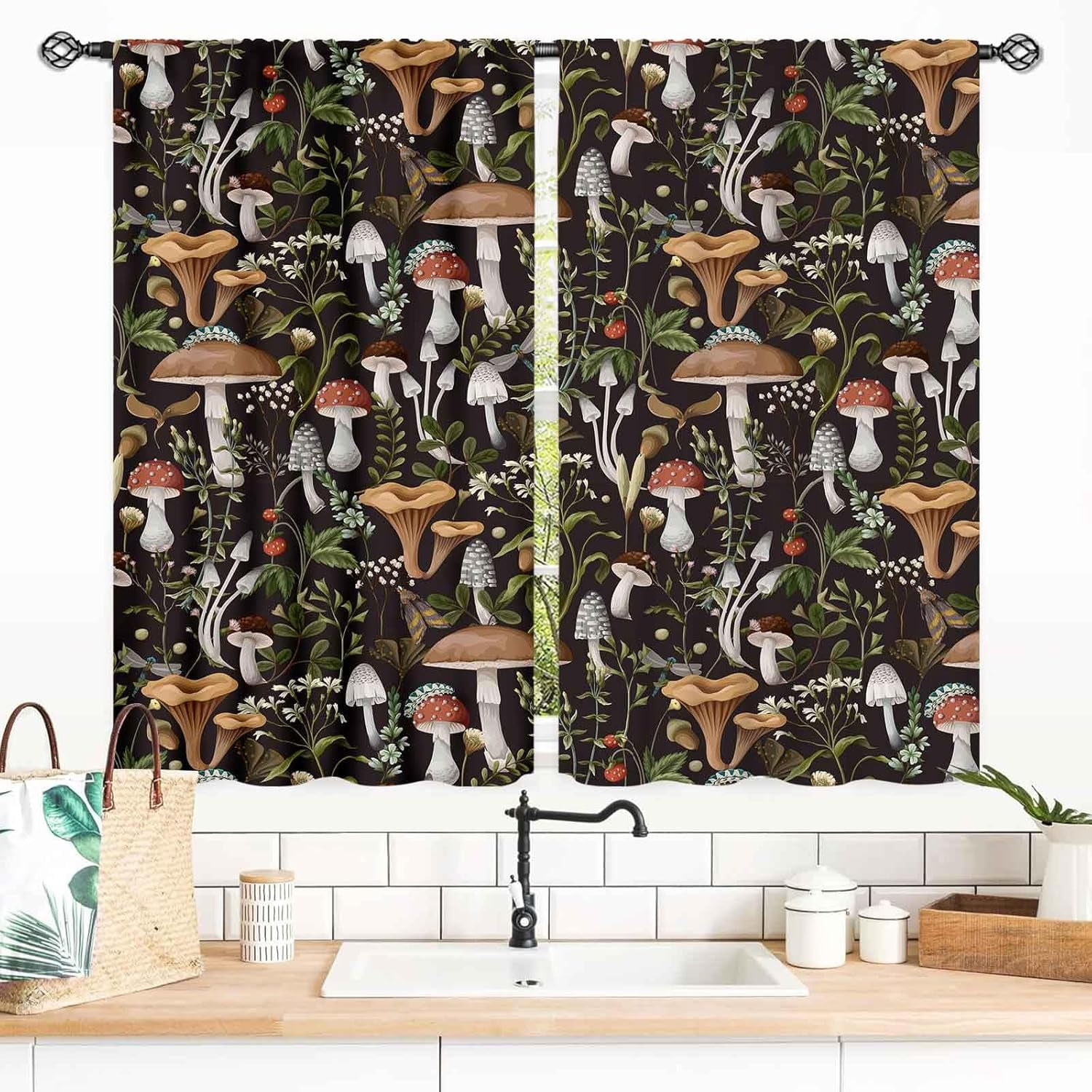 Mushroom Curtains for Kitchen, Farmhouse Country Wild Floral Botanical ...