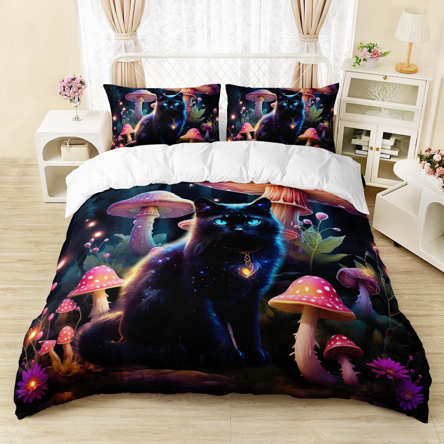 Mushroom Duvet Cover Full Size Colorful Black Gradient Mushroom Bedding ...