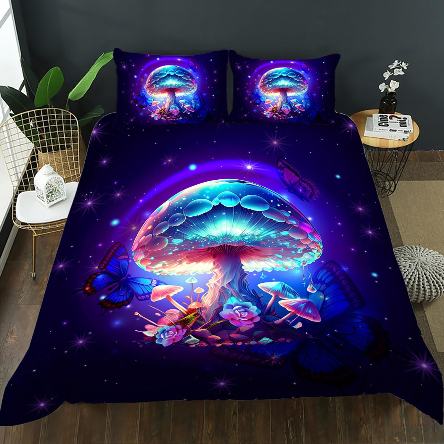 Mushroom Duvet Cover Full Size Colorful Black Gradient Mushroom Bedding ...