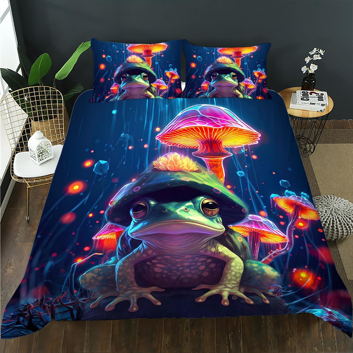 Mushroom Duvet Cover Full Size Colorful Black Gradient Mushroom Bedding ...