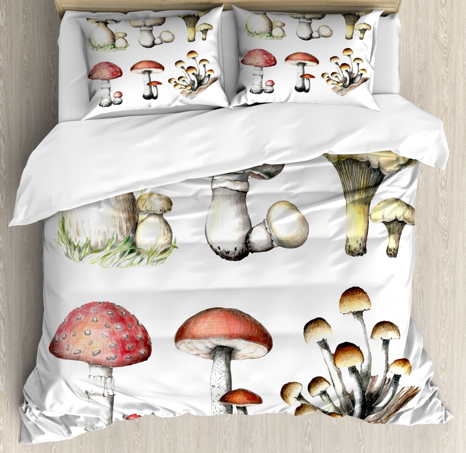 Mushroom Duvet Cover Set Queen Size, Hand Drawn Fungus Pattern Amanita ...